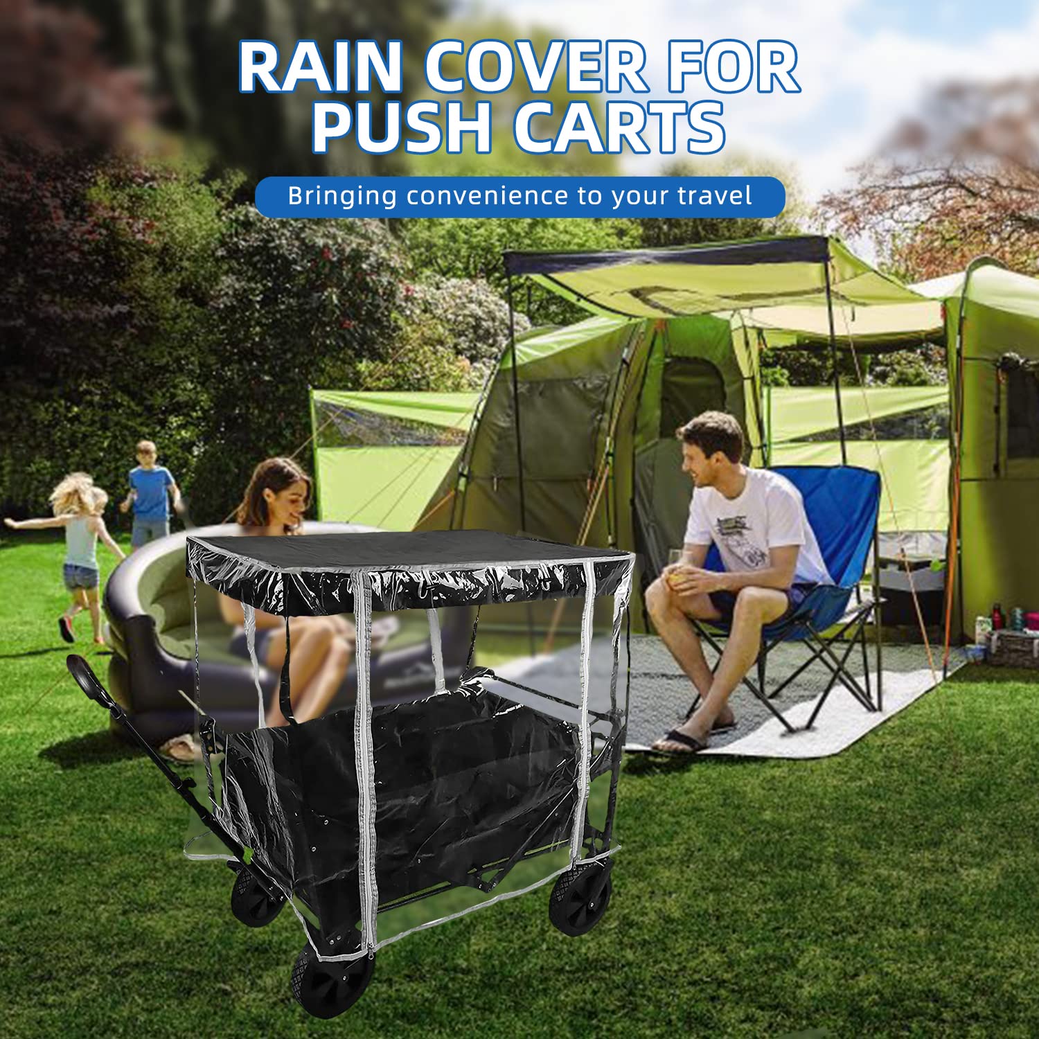 Aepiraza Wagon Rain Cover, Push-Pull Folding Transparent Waterproof Wagon Wind Cover Canopy Attachment with Zipper, for Outdoor Garden Camping Picnic Kid Wagon
