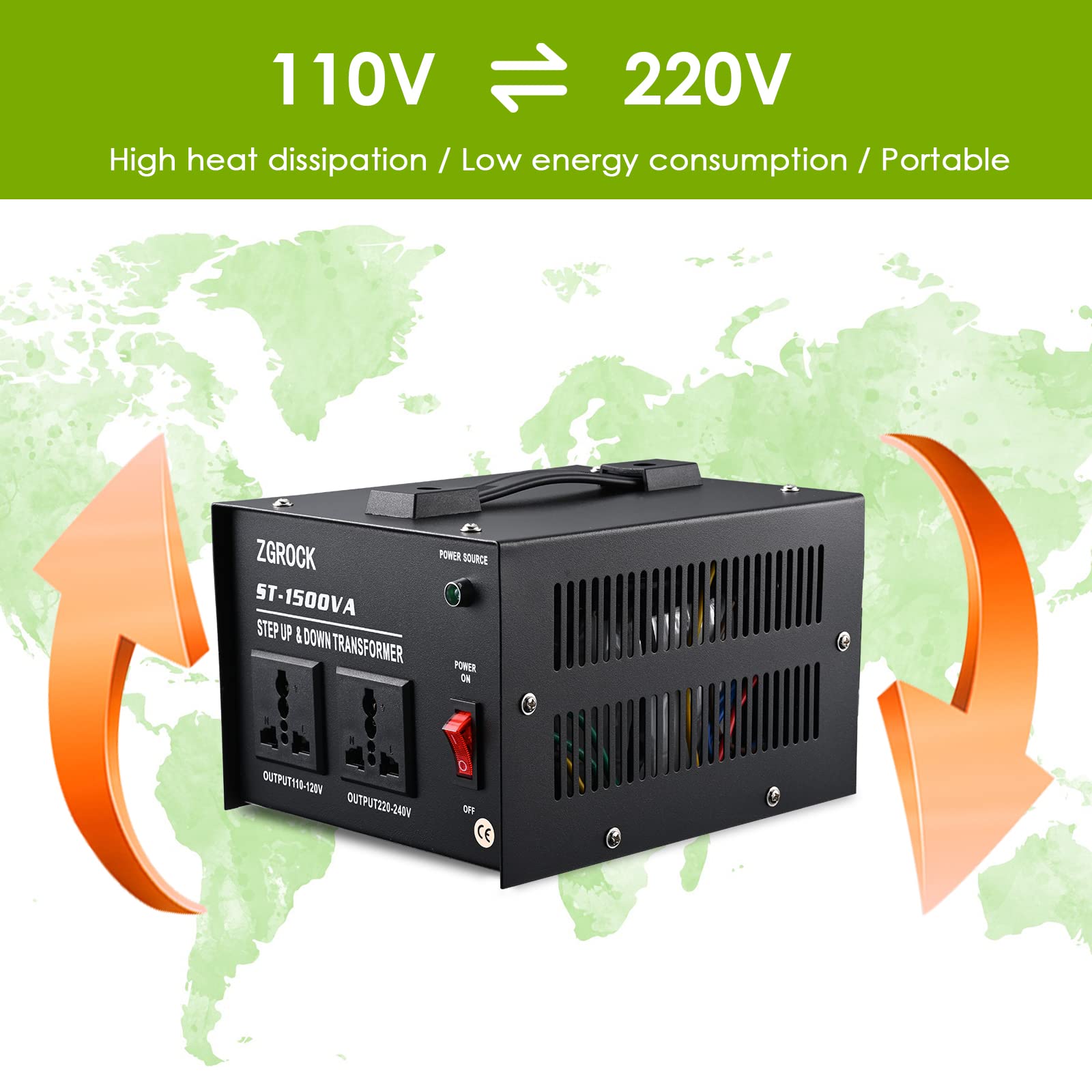 ZGROCK 1500W Voltage Converter Transformer Heavy Duty Step Up/Down- 110 / 220V- Circuit Breaker Protection