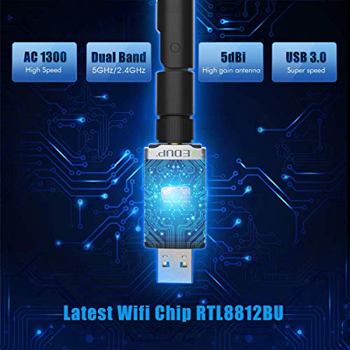 EDUP USB 3.0 Wi-Fi Adapter AC1300Mbps WiFi Dongle 802.11 ac Wireless Network Adapter with Dual Band 2.4GHz/ 5.8GHz 5dBi Antenna for Desktop Windows XP/Vista / 7/8.1/10 / Mac 10. 6-10.15