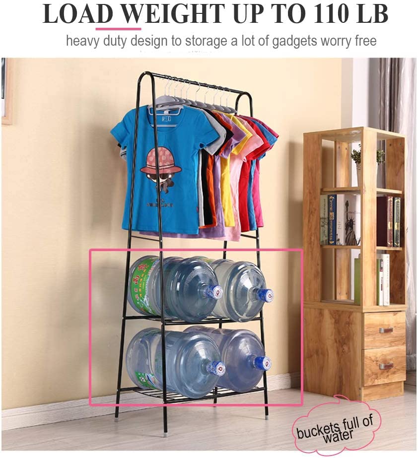 KAREZONINE Clothing Rack, Heavy Duty Clothes Rack Portable Garment Rack with 2-Tier Shelves, Double Rod Metal Coat Rack Freestanding with Bottom Shelves for Shoes Rack Organizer - Black