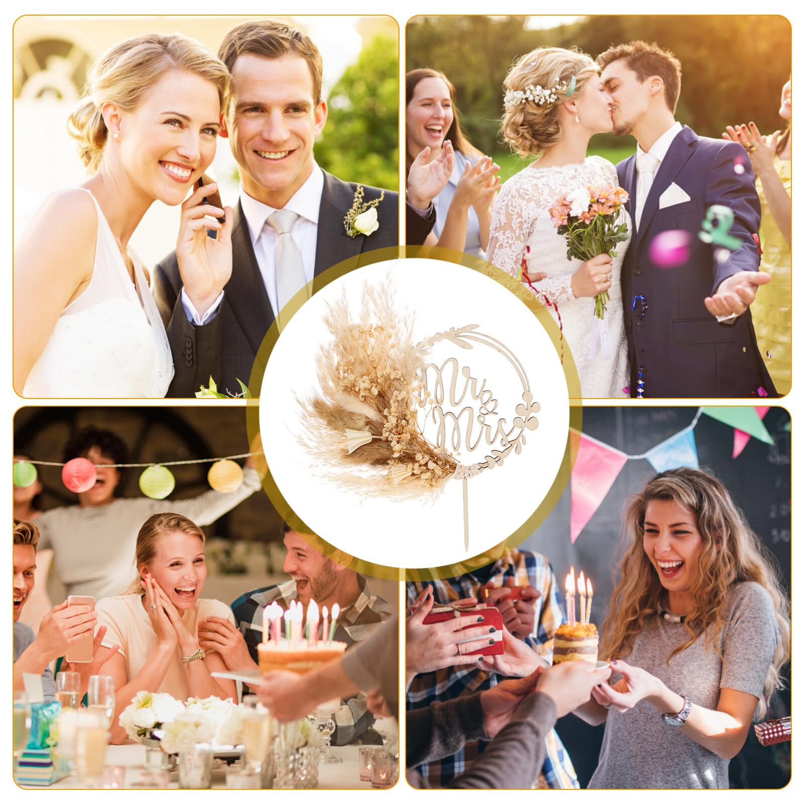 Luxshiny Boho Cake Topper Decorations Pampas Grass Flower Wreath Hoop Cake Topper for Wedding Bridal Baby Shower Birthday Party Supplies