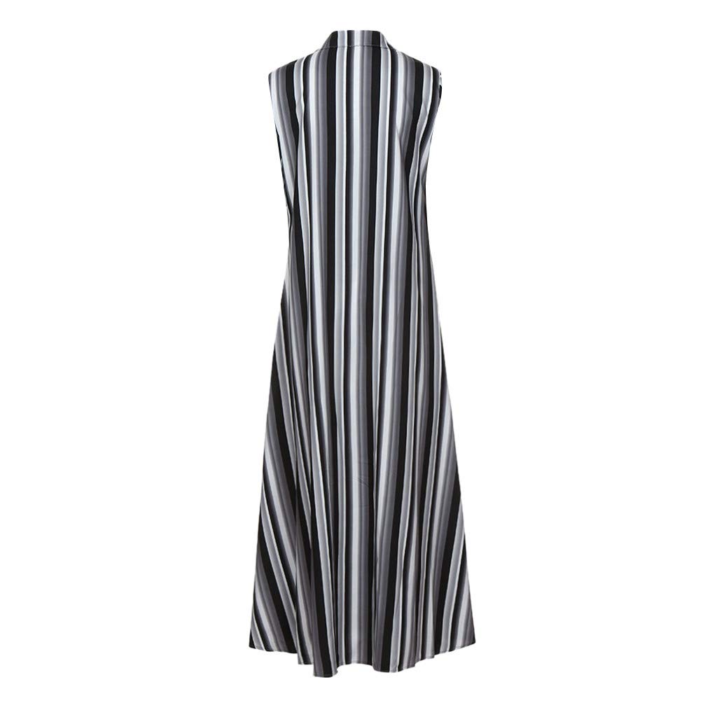 F_Gotal Womens Casual Long Maxi Sundress, Rainbow Button Down Roll up Sleeve Dress, Stripes Loose Maxi Pockets Dresses