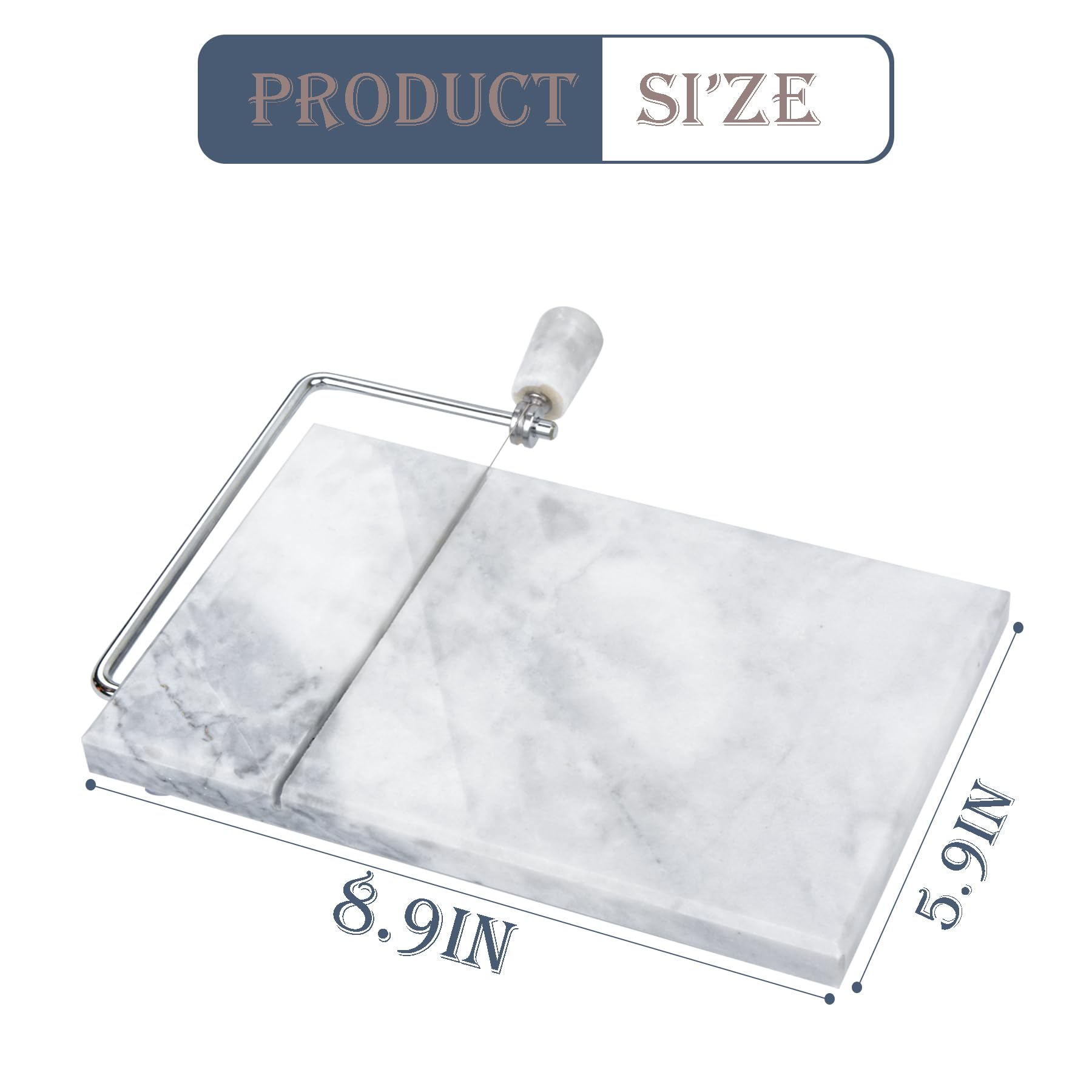 SIPARUI Cheese Slicer, Cheese Cutter Heavy Duty 6" x 9", Polished Marble Cheese Slicer Board for Cut Block Cheeses, Butter, Meats, Other Appetizers (White Grey)