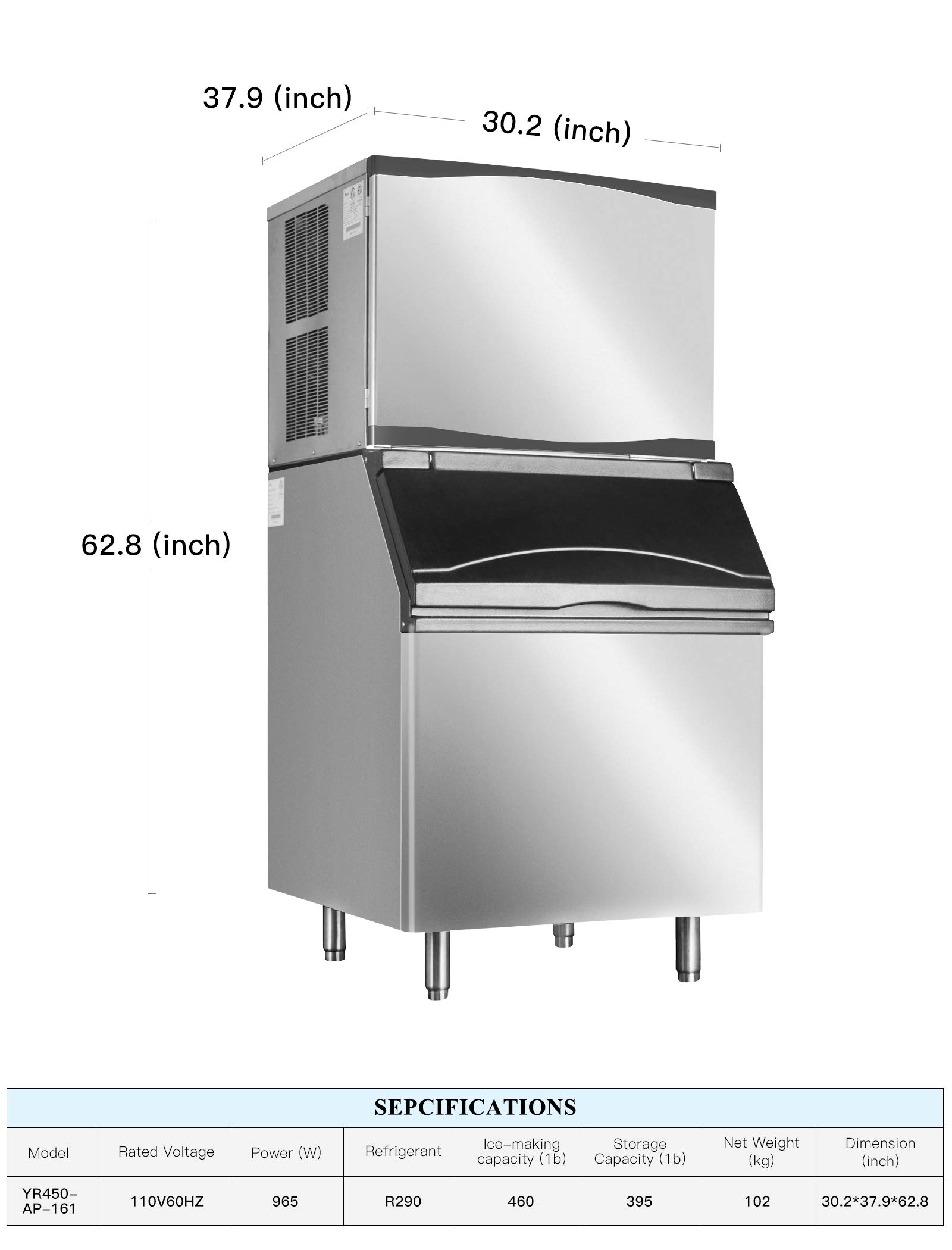Commercial Ice Maker Machine with Bin, Atosa Stainless Steel Automatic Supermarkets Restaurant, 460lbs/24h