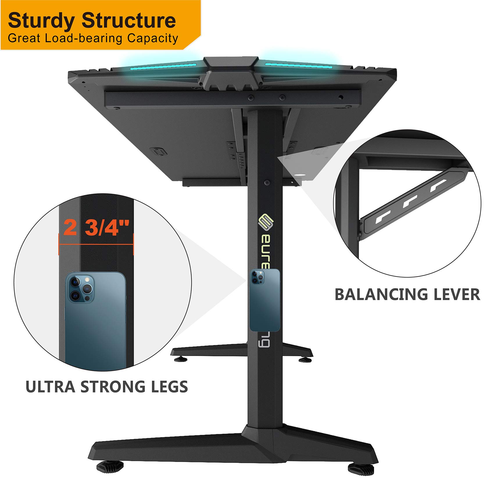 DESIGNA 55 Inch Gaming Desk with Led Lights, RGB Large Gaming Computer Desk with Free Mouse Pad,PC Gaming Table Gamer Desk Workstation with USB Handle Rack, Cup Holder,Headphone Hook, Black