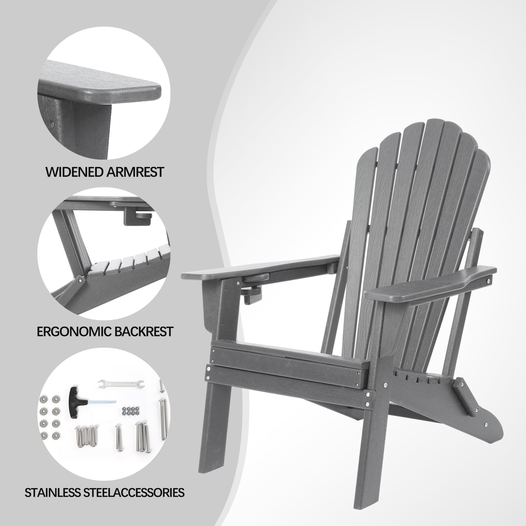 Plawdlik Folding Adirondack Chair Set of 2,SGS Tested,Wooden Textured with Cup Holder,Widened Heavy All-Weather HDPE Comfortable Seating for Ourdoor Grey