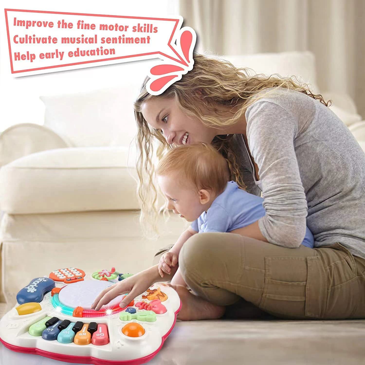 Dahuniu Baby Toys 6 to 12 Months, Learning Musical Table, Activity Table for 1 2 3 Years Old, 11.8 x 11.8 x 12.2 inches (Red)
