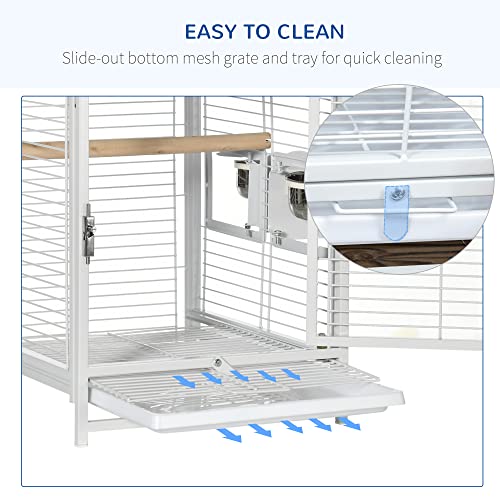 PawHut 19" Travel Bird Cage Parrot Carrier with Handle Wooden Perch for Cockatiels, Conures, White