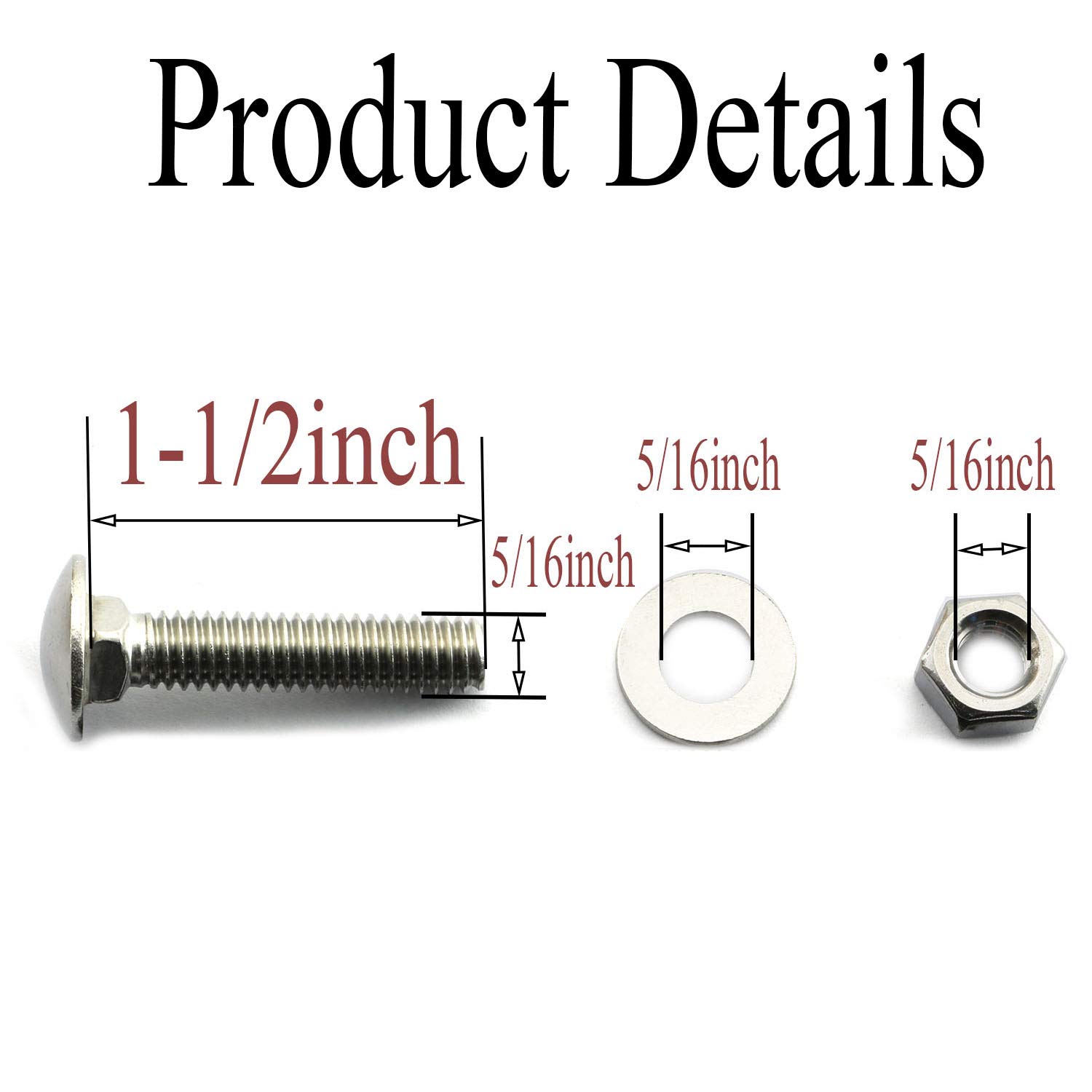 RuiLing 10 Set Carriage Bolt Sets 304 Stainless Steel Carriage Screw Hex Nut and Flat Washer Kits 5/16-18 Inches
