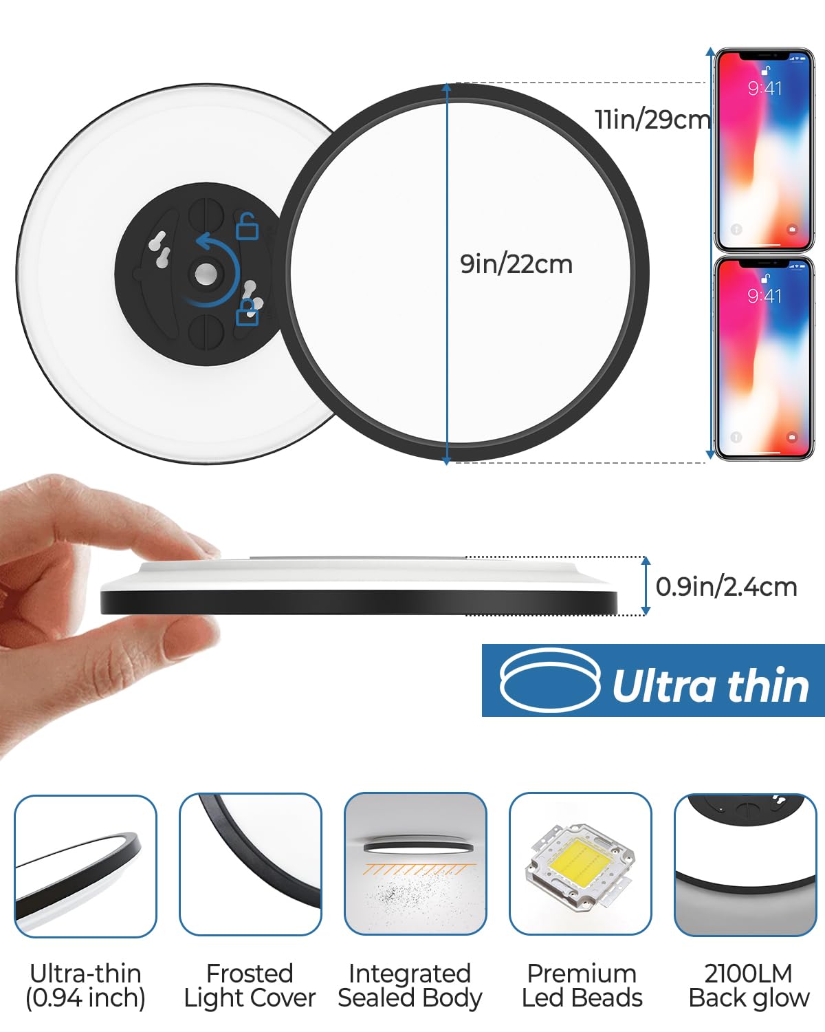 6 Pack LED Flush Mount Ceiling Light 9Inch Black, 24W 2100LM & 3 Color Temperatures 3000/4500/6000K Flush Mount Light Fixture, Low Profile Round LED Ceiling Light for Closet Bathroom Kitchen Hallway
