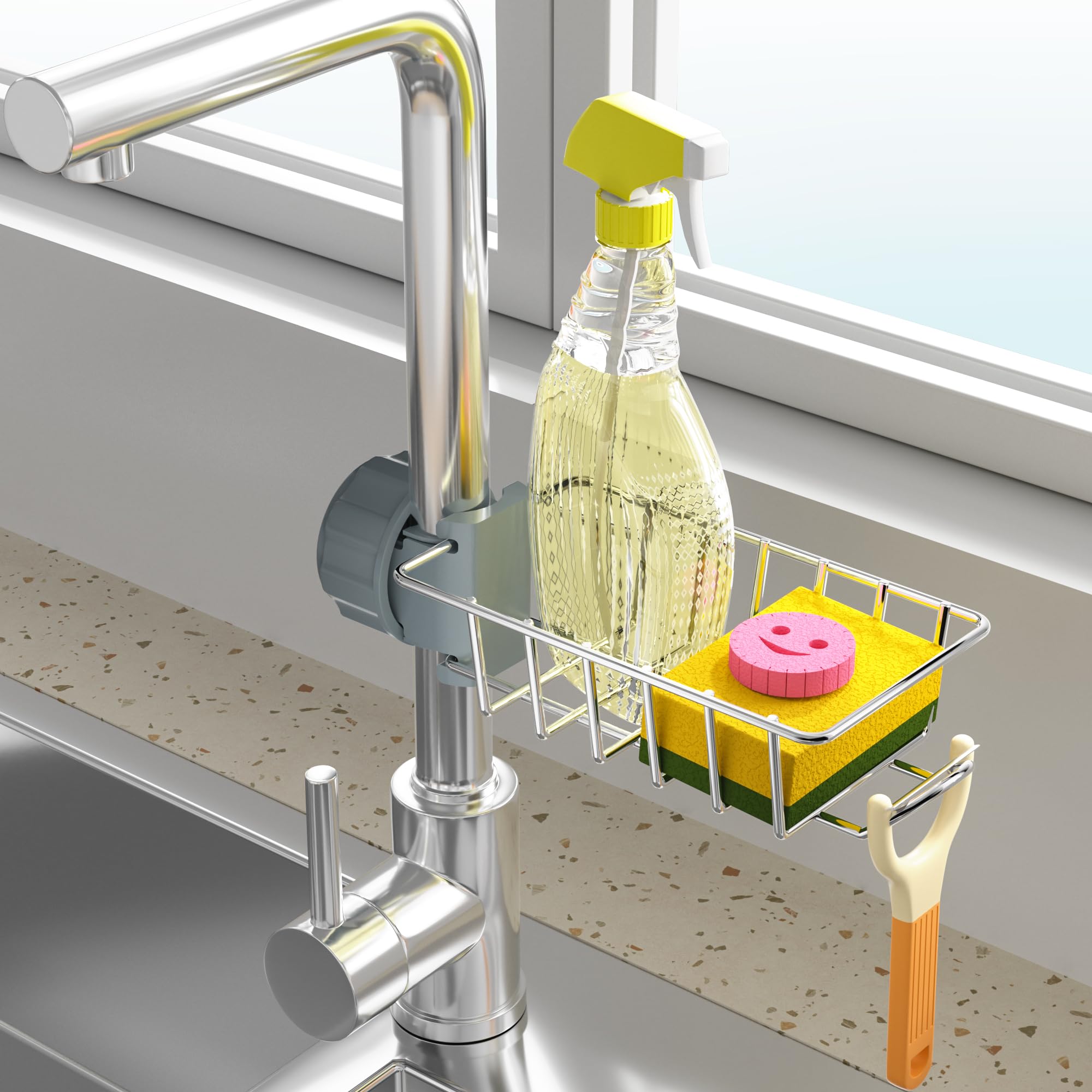Aexbxoa Kitchen Sink Faucet Organizer, Sponge Holder for Kitchen Sink, Adjustable Detachable Stainless Steel Faucet Rack for Bathroom, Scrubbers, Soap