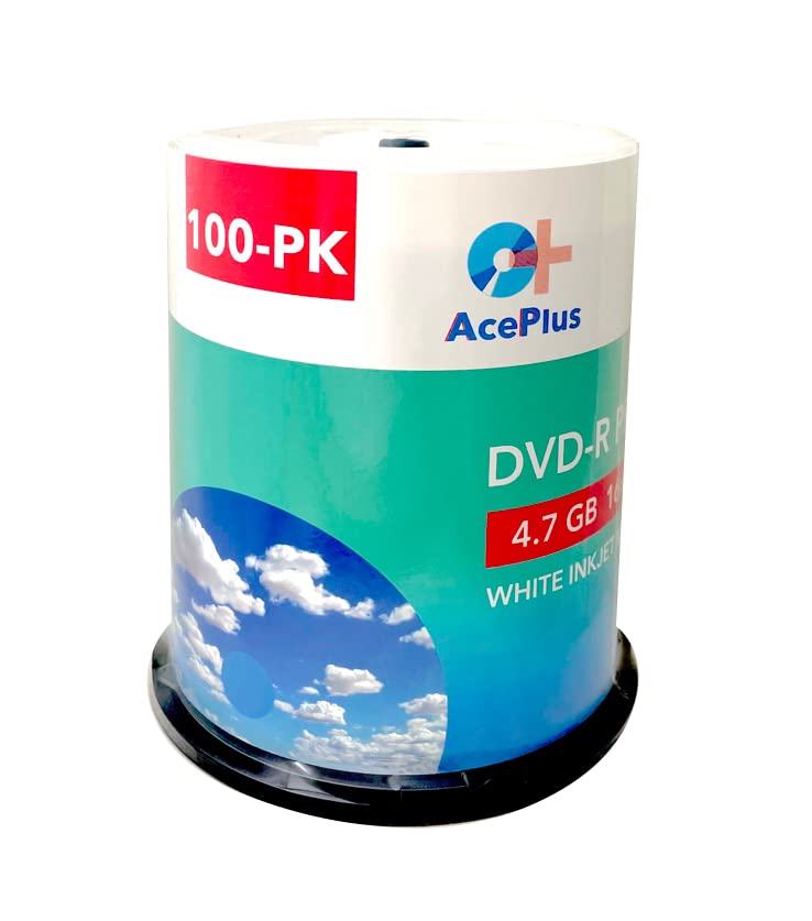 AcePlus 100 White Inkjet Printable DVD-R Recordable Discs with 16x Recording Speed and 4.7 GB of Data (100-pk Cakebox)
