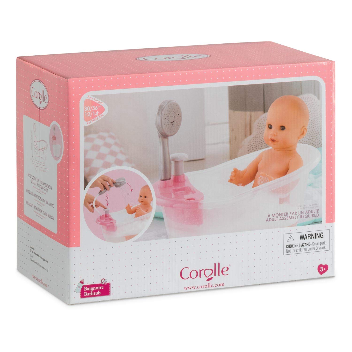 Corolle Baby Doll Bathtub with Shower - Bath Play Set for 12" & 14" Dolls, Pink