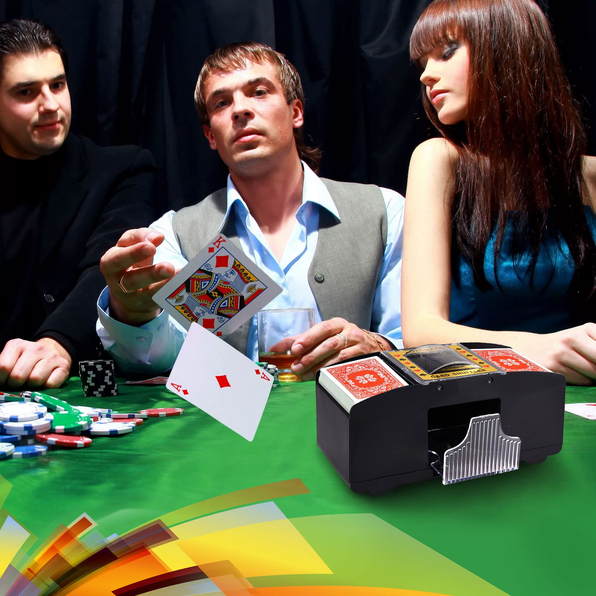 AOPER Automatic Card Shuffler - Electronic Casino Poker Card Shuffling Machine - Battery Operated Plastic Cards Mixer - 2 Deck Playing Cards for Home & Party - 2M USB Line