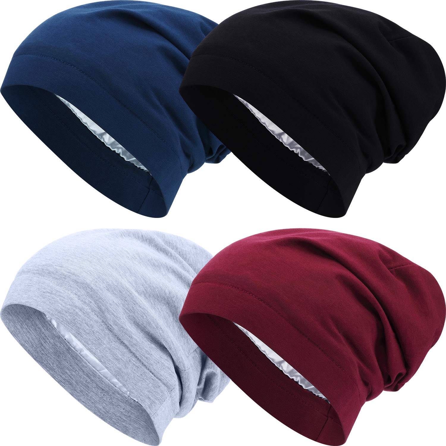 4 Pieces Satin Lined Sleep Cap Slouchy Beanie Hat Night Hair Cap for Women (Black, Wine Red, Gray, Blue)