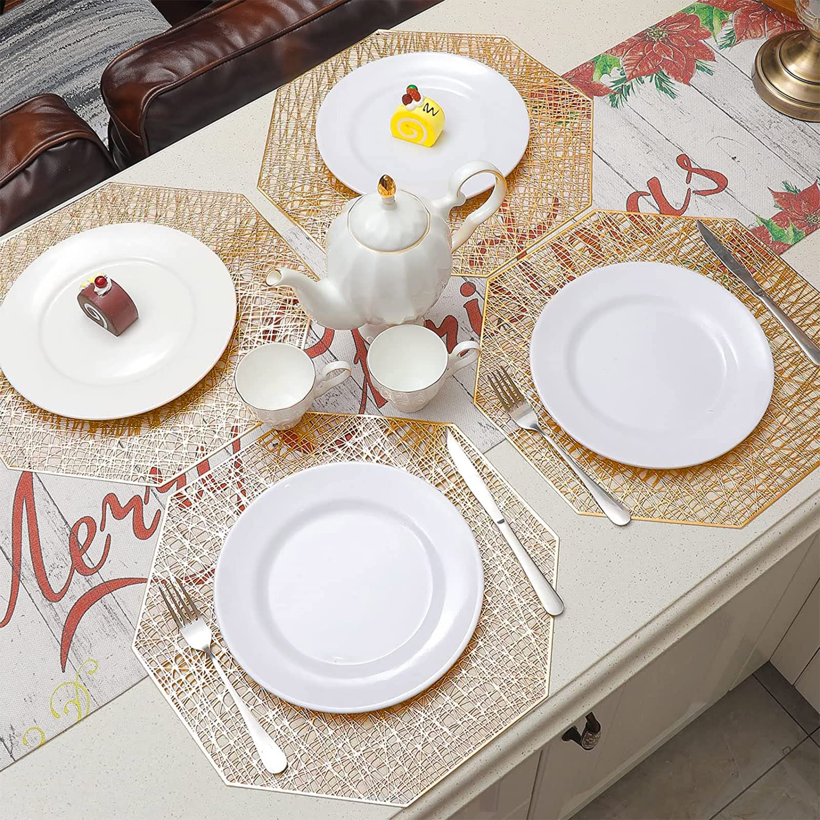 U'Artlines Octagonal Placemats Hollow Out Mats Vinyl Non-Slip Heat Insulation Kitchen Table Mats(Octagonal Gold, 6pcs)