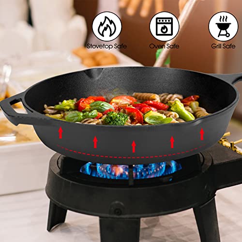 Almcmy 12 Inch Cast Iron Skillet, Pre-Seasoned Frying Pan with Silicone Handle Holder, Cast Iron Pan for Frying Grilling, Oven Safe, Dishwasher Safe - Indoor& Outdoor Use