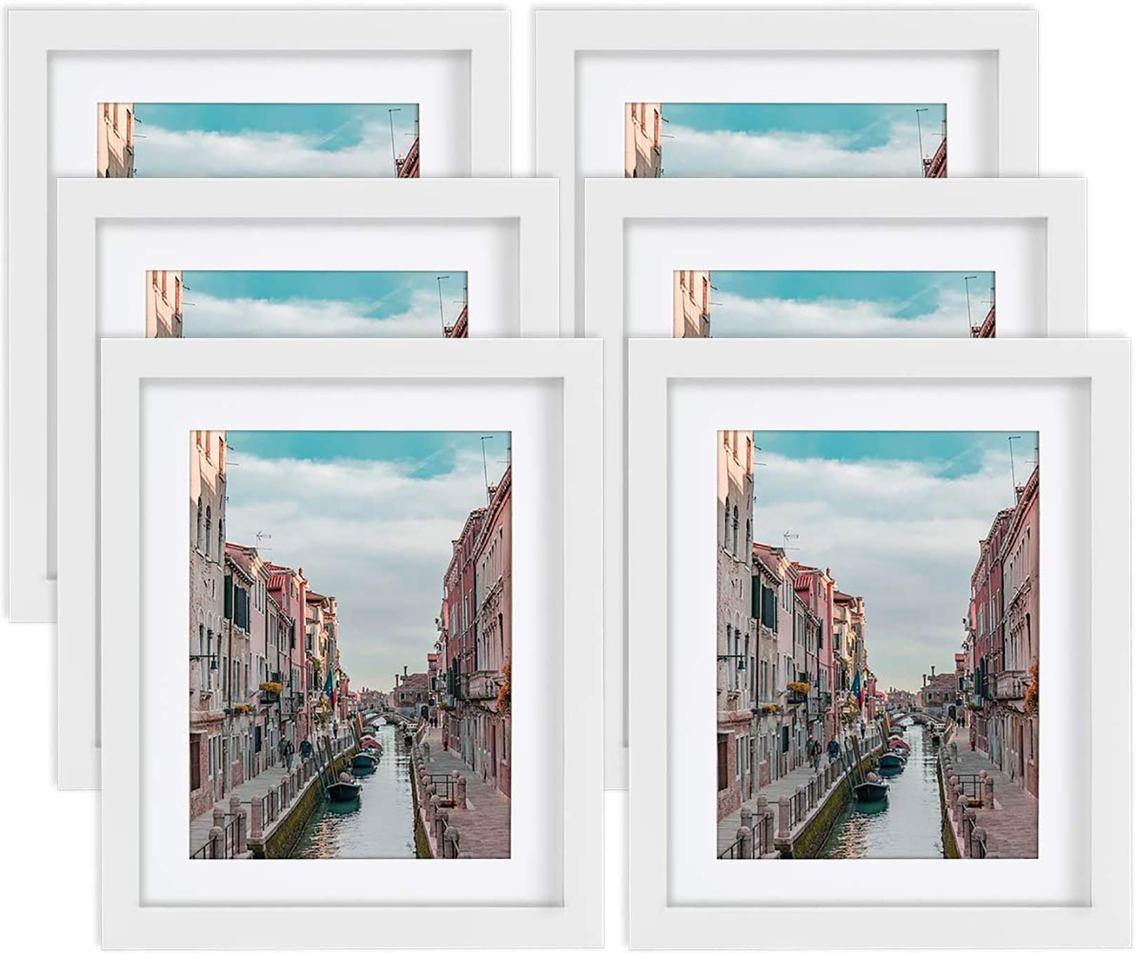 8x10 White Picture Frames Nature Solid Wood 6 Pack for Wall Mounting and Tabletop Display