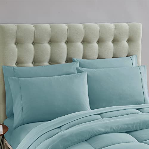 Sweet Home Collection 7 Piece Comforter Set Bag Solid Color All Season Soft Down Alternative Blanket & Luxurious Microfiber Bed Sheets, Misty Blue, Full