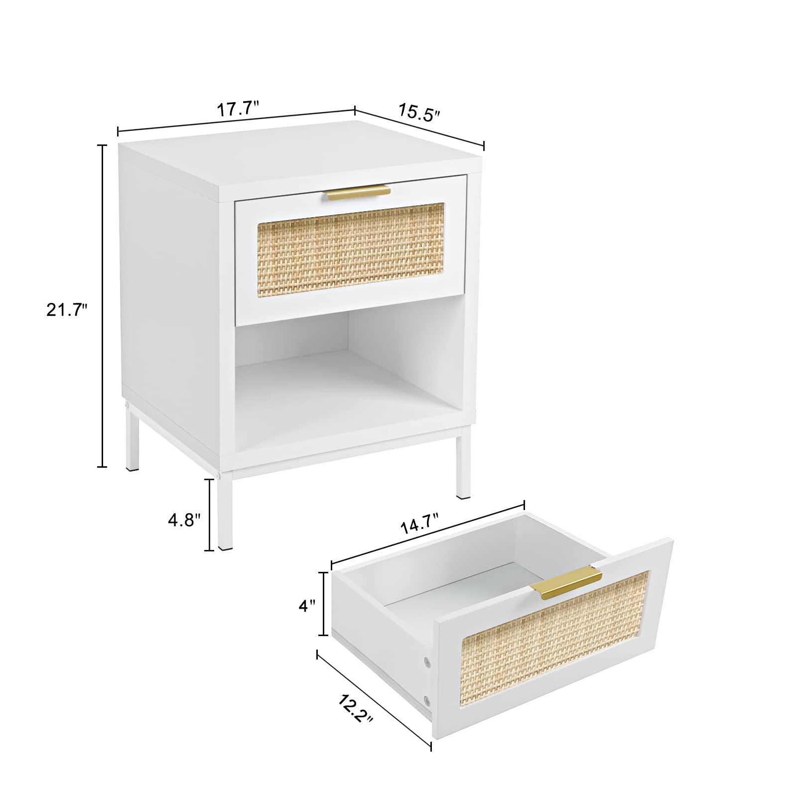 Anmytek White Nightstand with Rattan Decor Drawer, Mid Century Modern End Table with Open Storage, Farmhouse Night Stand, Small Side Table for Bedroom