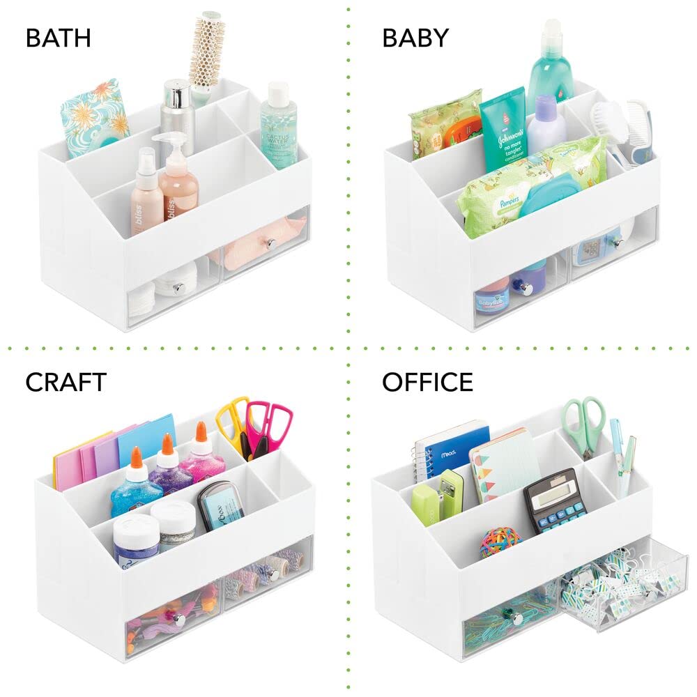 mDesign Plastic Makeup Storage Organizer with 2 Drawers and 5 Divided Sections for Bathroom, Vanity, Cabinet, Countertops - Storage for Cosmetics, Brushes, Blush - Lumiere Collection - White/Clear