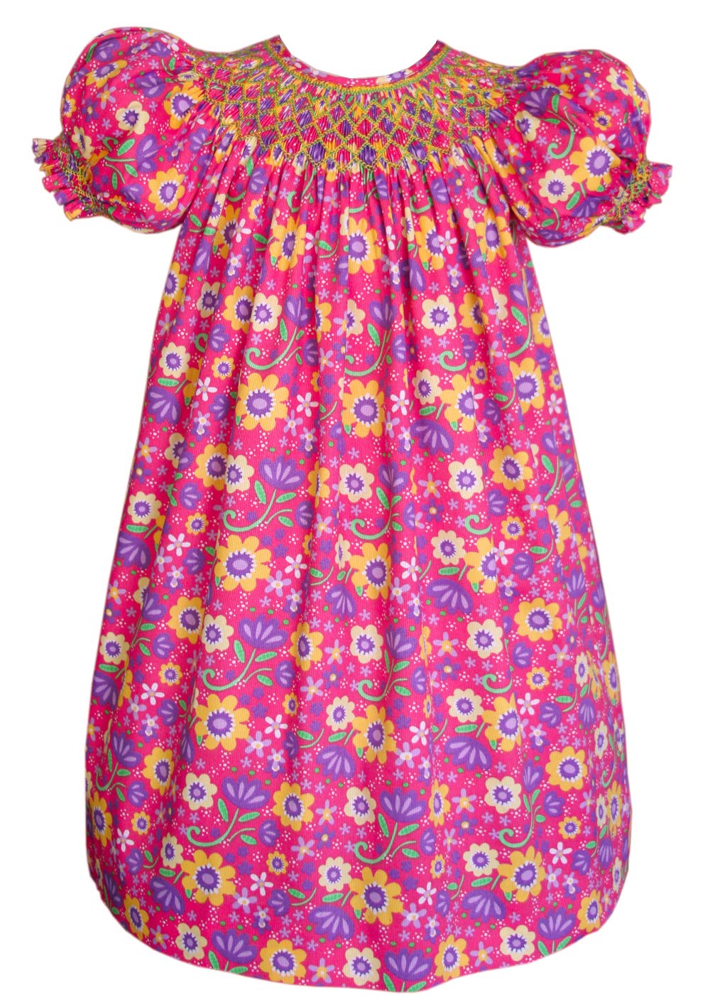 Hand Smocked Baby Girls Bishop Dress in Hot Pink Floral Fabric