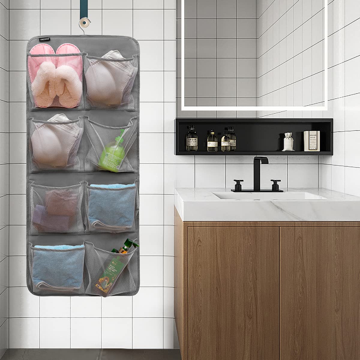 ANZORG Dual-Sided Hanging Closet Organizer for Socks Underwear Bra Kids Storage Organizer for Baby Clothes Toddler Shoes with 26 Pockets (Grey-Mesh Pockets)