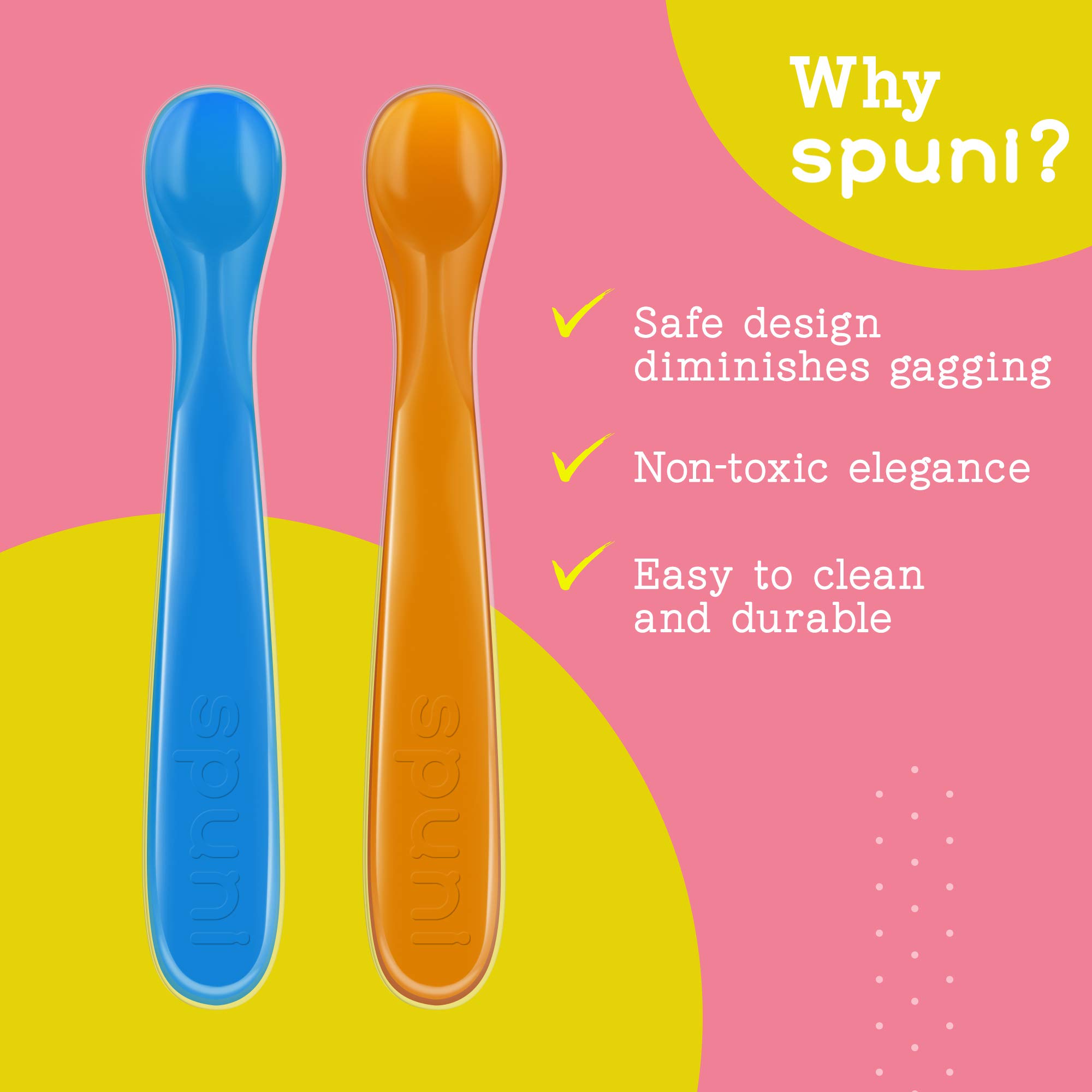 Spuni - Baby Spoon, Medical-Grade Soft Plastic Infant Feeder, Feeding Spoons for Babies (8 months+), Neon Green & Playful Pink, 2 Pack