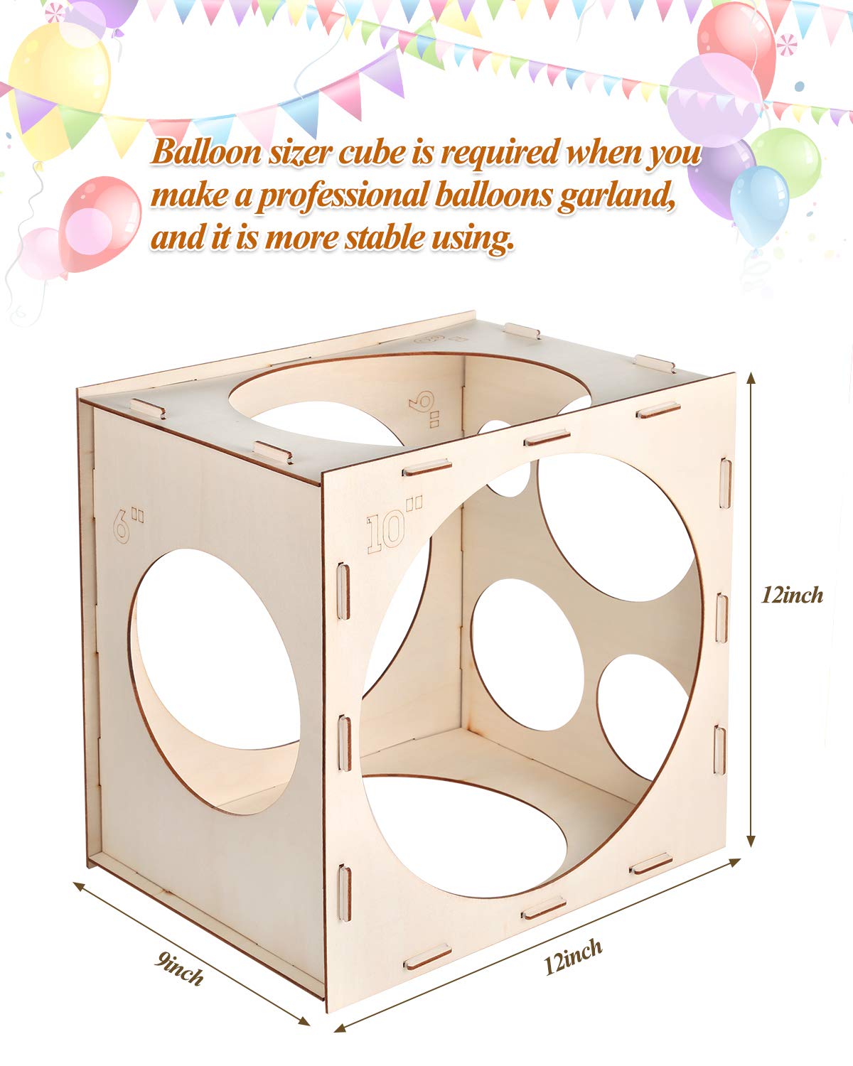 Aoibrloy Wood Balloon Sizer Box Cube, Balloon Size Measurement Tool for Creating Balloon Arches, Balloon Decoration and Balloon Column Stand (9 Holes)