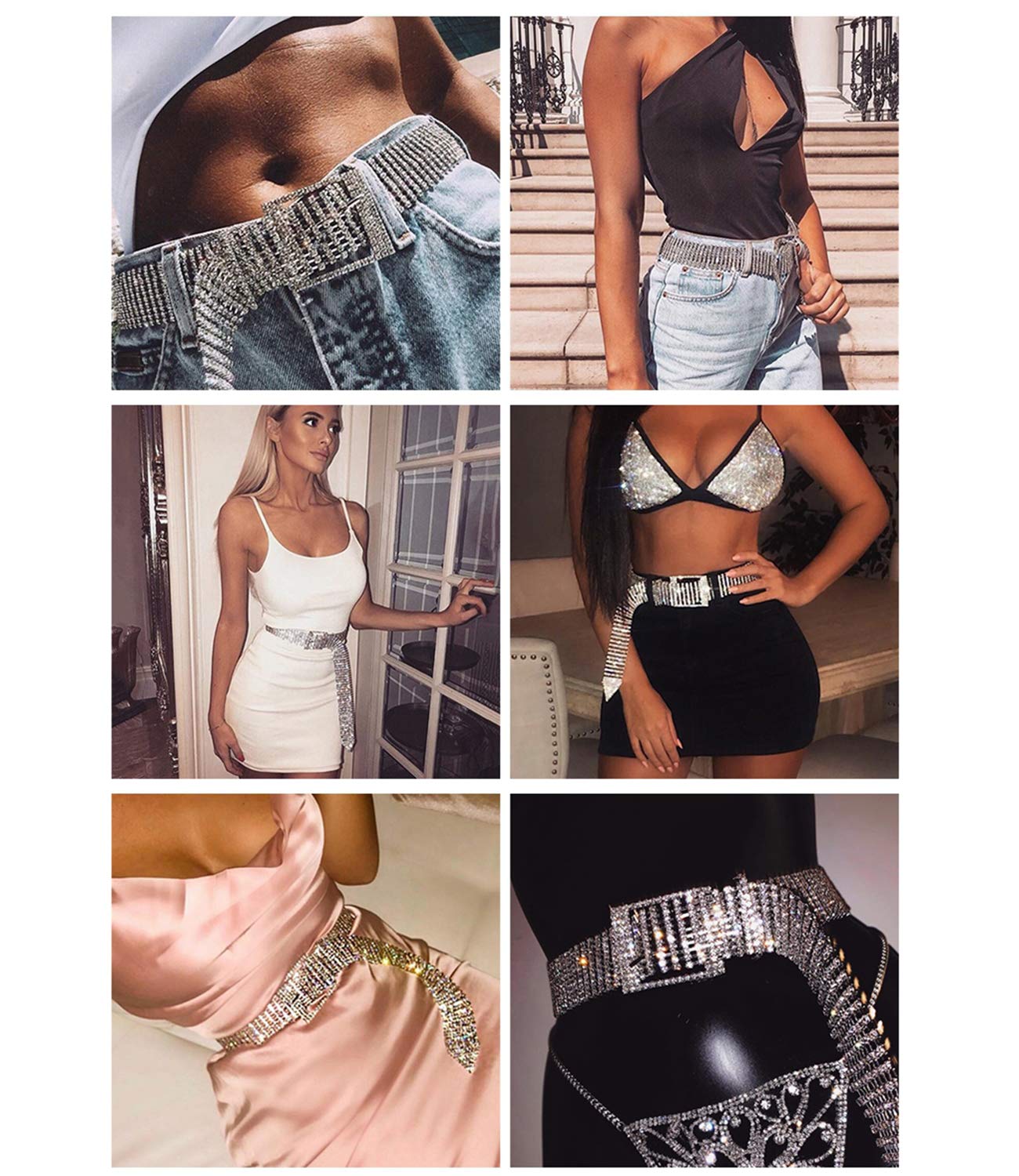 Barry.Wang Rhinestone Belt for Women Western Cowgirl Bling Studded Silver Diamond Belt for Jeans Pants Sash Body Chains