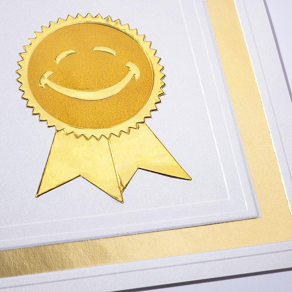 PaperDirect Smiling Face Embossed Gold Foil Ribbon Certificate Seals, 2 Inch, Self Adhesive, 102 Count, Embossed Seals for Certificates, Achievement and Award Stickers for School, Work, Diploma