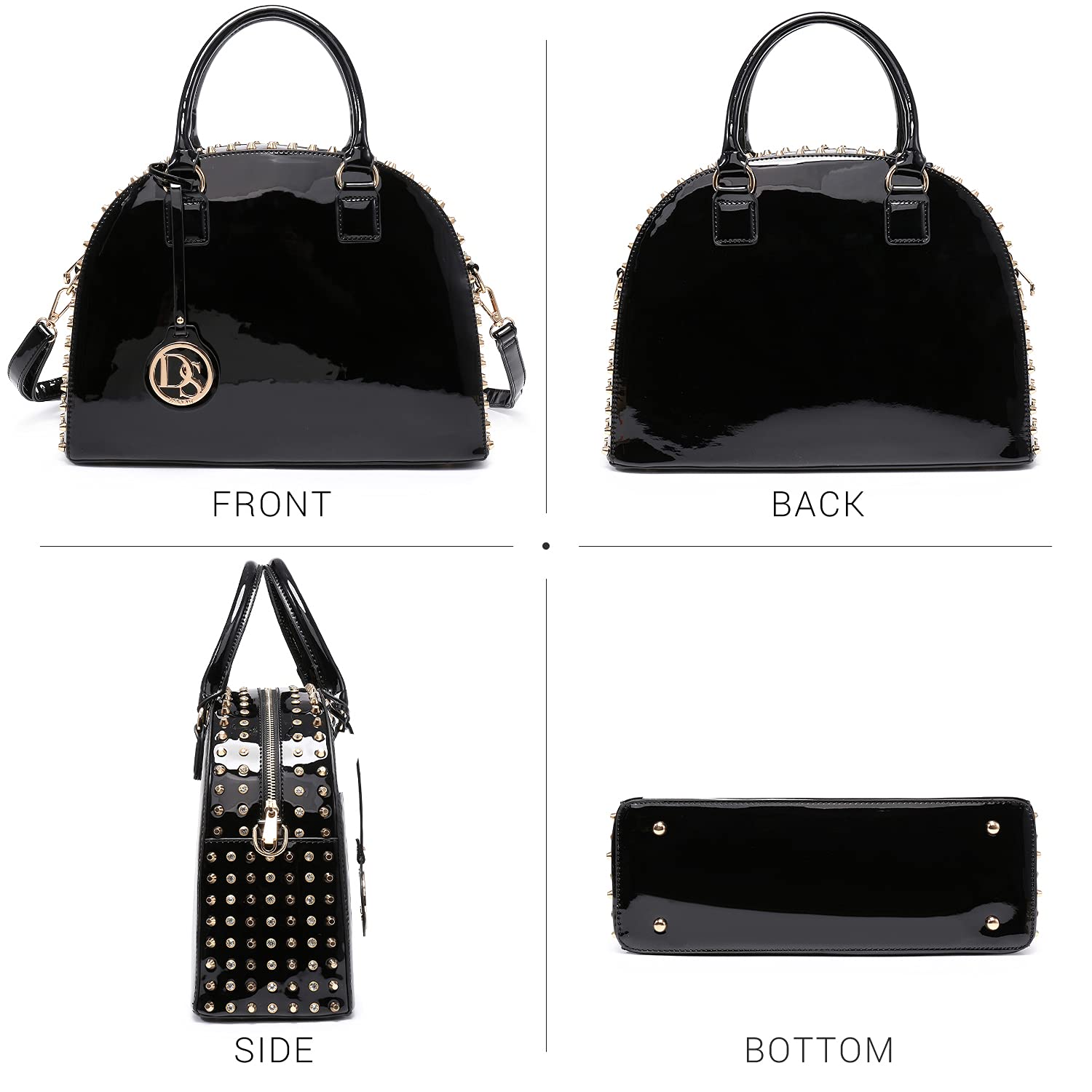 Dasein Women Patent Leather Purses Handbags Dome Satchel Purse Work Tote Structured Shoulder Bag with Long Strap (Black)