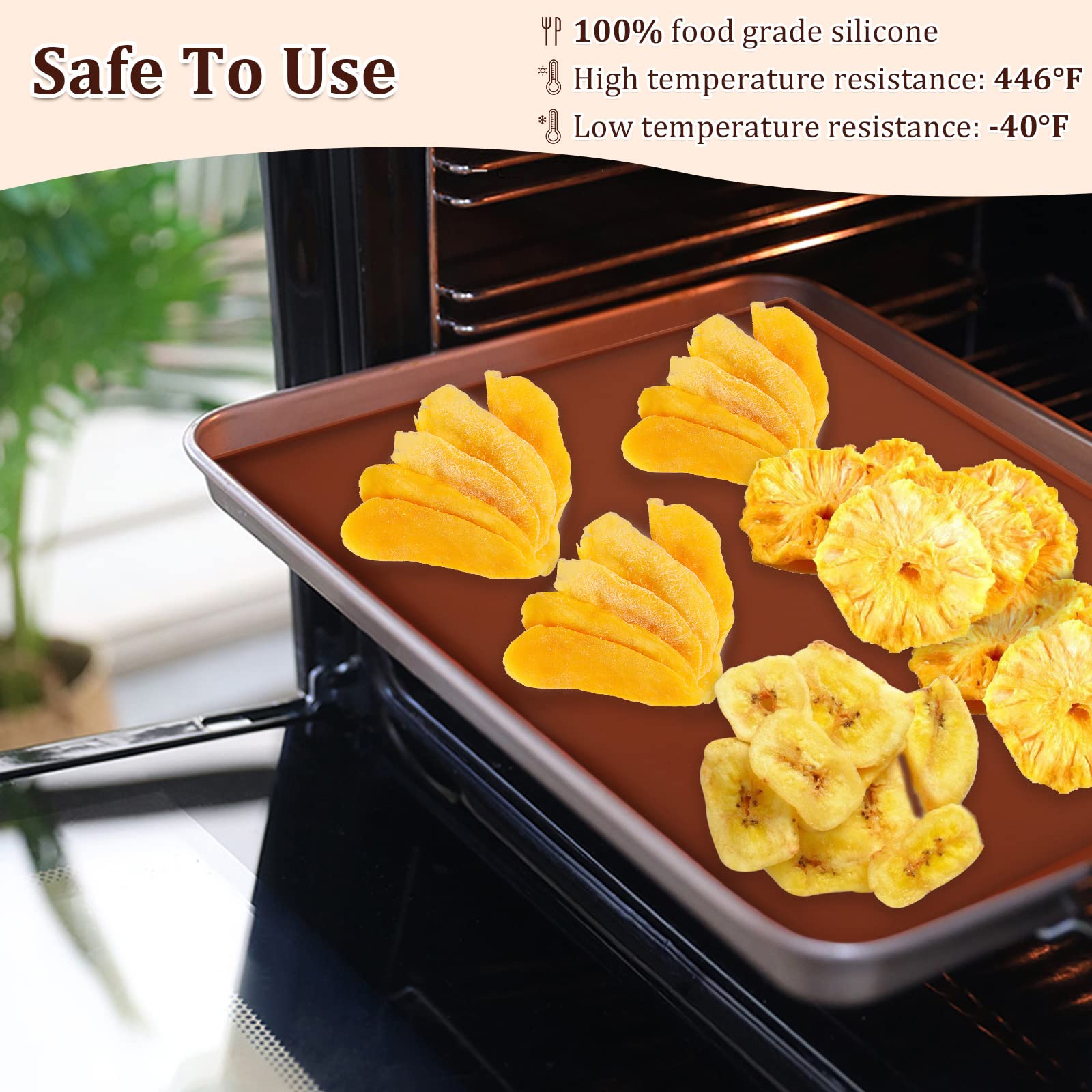 6PCS Silicone Dehydrator Sheets with Edg Non Stick Fruit Leather Trays for Dehydrator Reusable Silicone Dehydrator Tray Liners with Silicone Scraper for Food Vegetables Meat Liqui