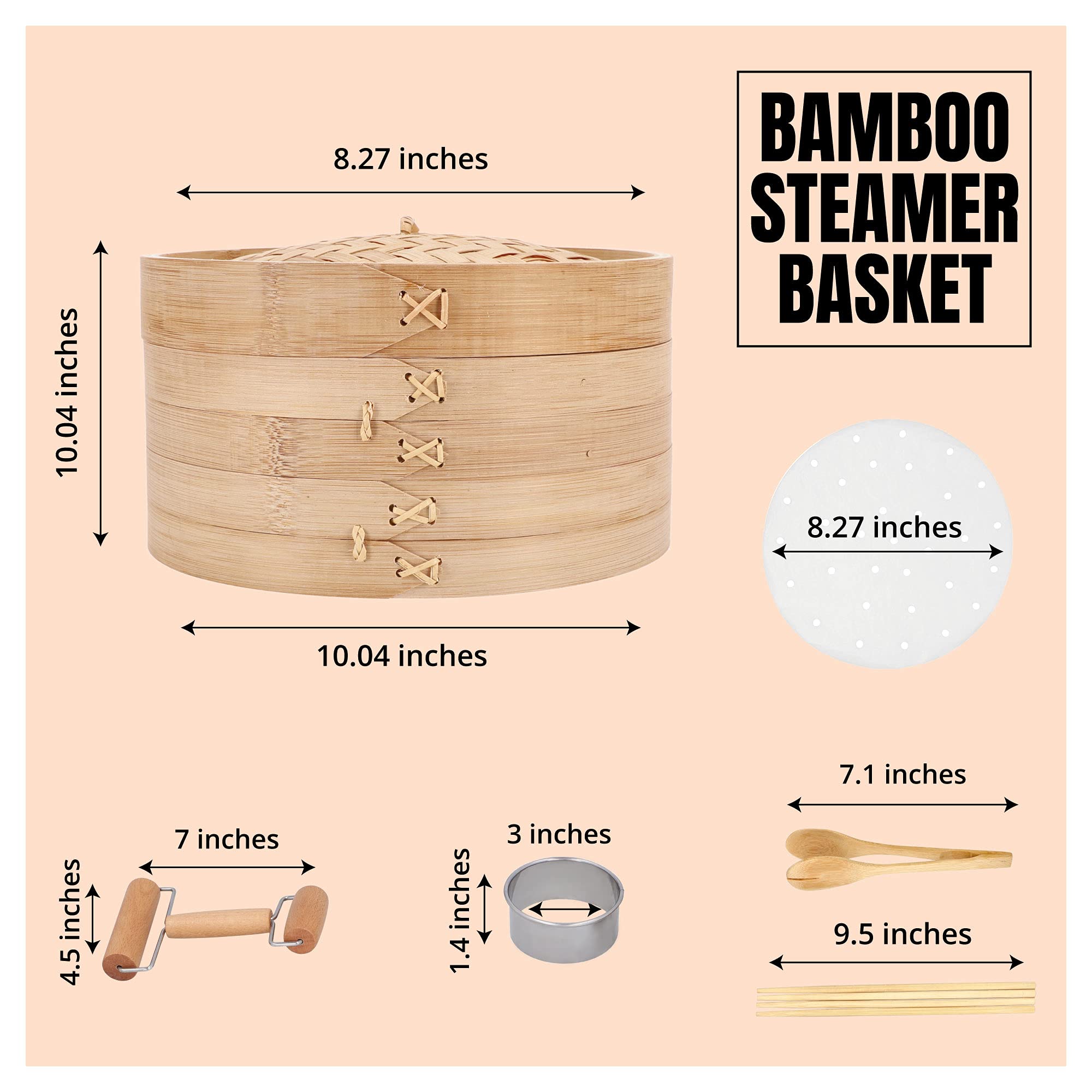 Bamboo Steamer 10 Inch - Basket 2 Tier Steam Cooker Pot for Rice, Dim Sum, Fish, Vegetable & Meat β Set of Two Bamboo Chopsticks, Steamer Liner and Steamer Basket