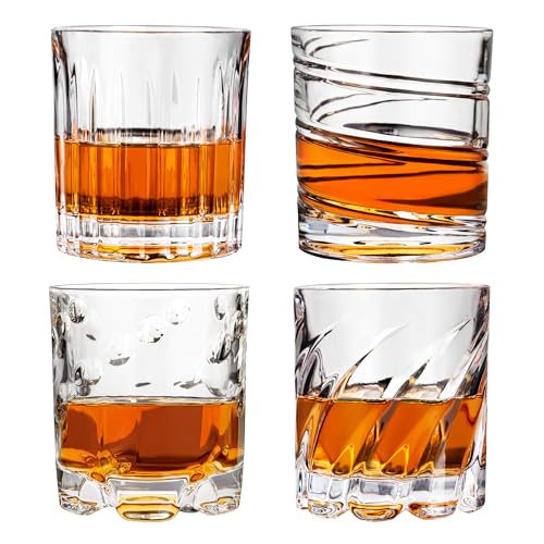 Whiskey Glasses, Spinning Bourbon Glass Set 4, Rocks Scotch Whisky Cognac Rum Cocktail Tasting Old Fashioned Glass, Personalized Men Ideas Unique Gifts, 4 Style 250 ml