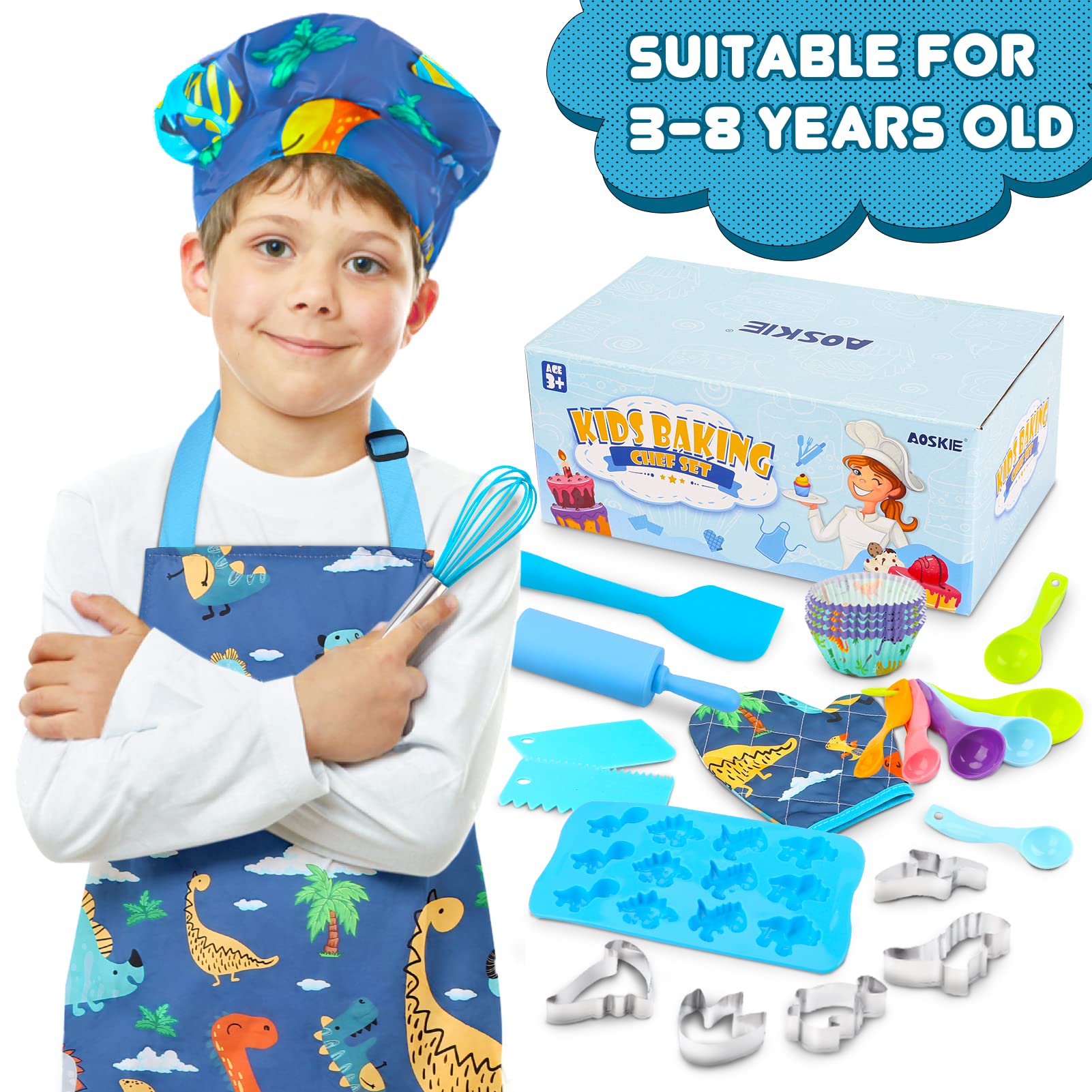 Aoskie Kids Baking Set with Dinosaur Apron and Chef Hat, Cooking Chef Set Baking Supplies Dress Up Role Play Toys Gift for 3-8 Years Old