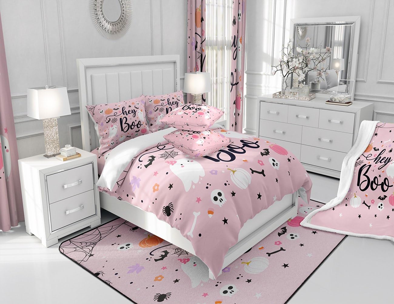 Manfei Pink Ghosts Sheet Set Full Size, Halloween Theme Bedding Set for Kids Girls Teens, Gothic Skull Spider Bat Pumpkin Bed Sheet Set 4pcs with Deep Pocket Fitted Sheet + Flat Sheet + 2 Pillowcases