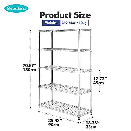 Kennkari 36“ × 14” Free Standing Shelving Unit, 5-Tier Adjustable Metal Shelf Organizer Rack for Pantry/Laundry/Kitchen/Dorm, Wire Storage Shelves (Silver)