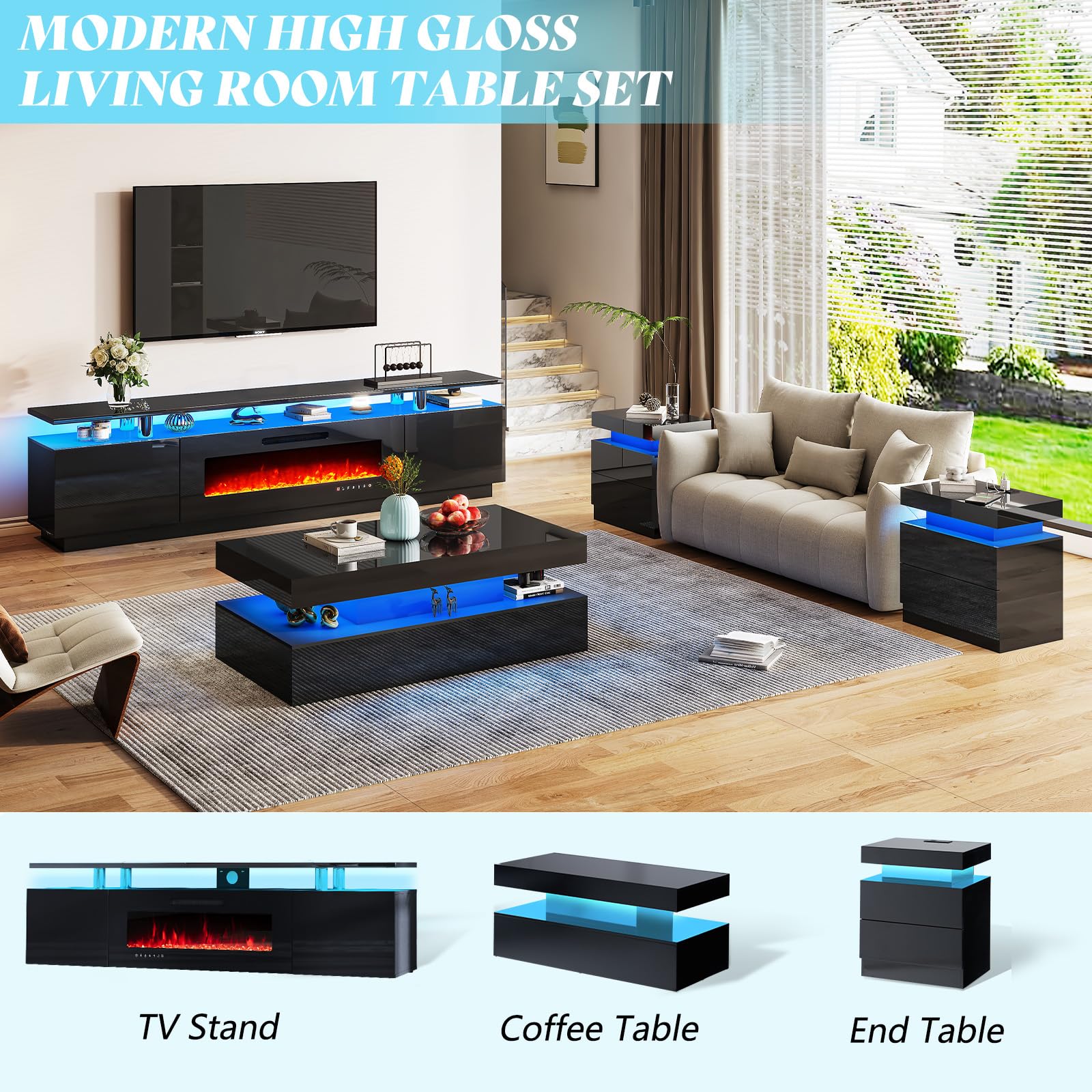 AMERLIFE High Gloss LED Nightstand Set of 2 with Charging Station, Modern Bedside Table Night Stand with LED Lights, Sofa End Side Tables with Drawers for Bedroom, Black