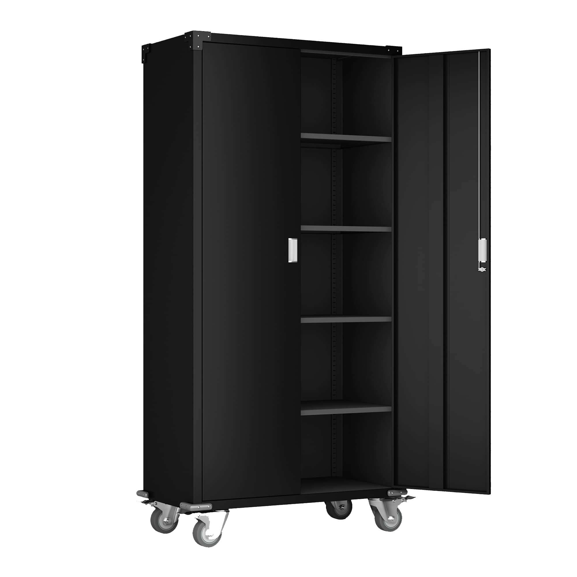Aobabo Locking Metal Cabinet w/Wheels, Shelves, Utility & Garage Storage, 72”, Black