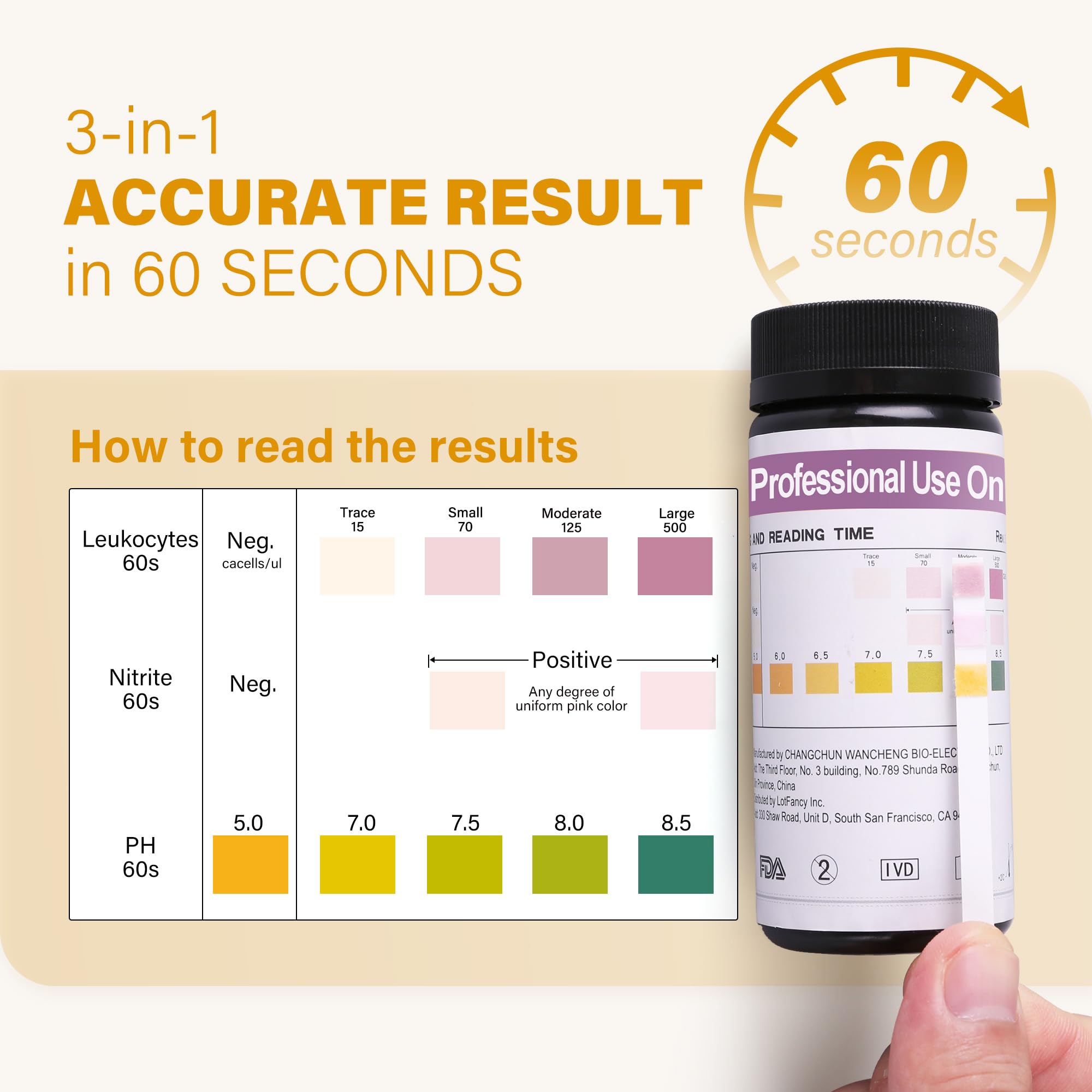LotFancy UTI Test Strips 150ct, 3-in-1 Urine Test Strips for Leukocyte Nitrite and PH Testing, Accurate Results in 1 Minute, Medical Grade Home Test