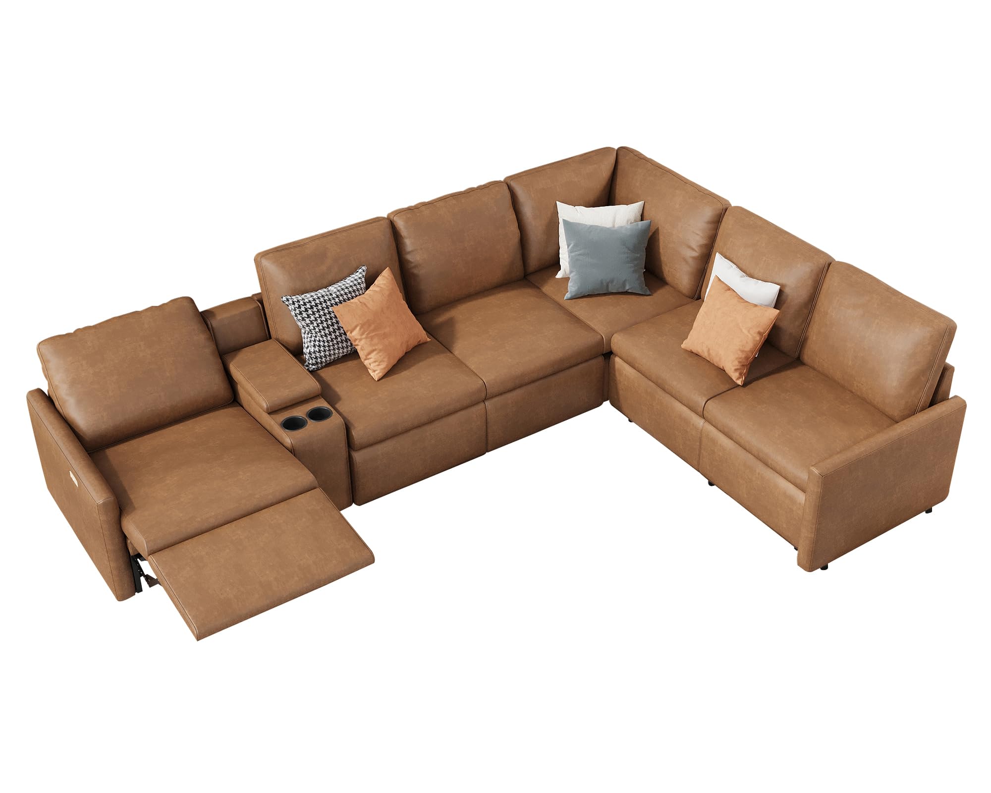 AMERLIFE Power Recliner, Reclining Sectional Couch with Console & Dual Recliner, 6 Seats Leather Modular Sofa with Cup Holder& Charging Socket, L Shaped Couch for Living Room