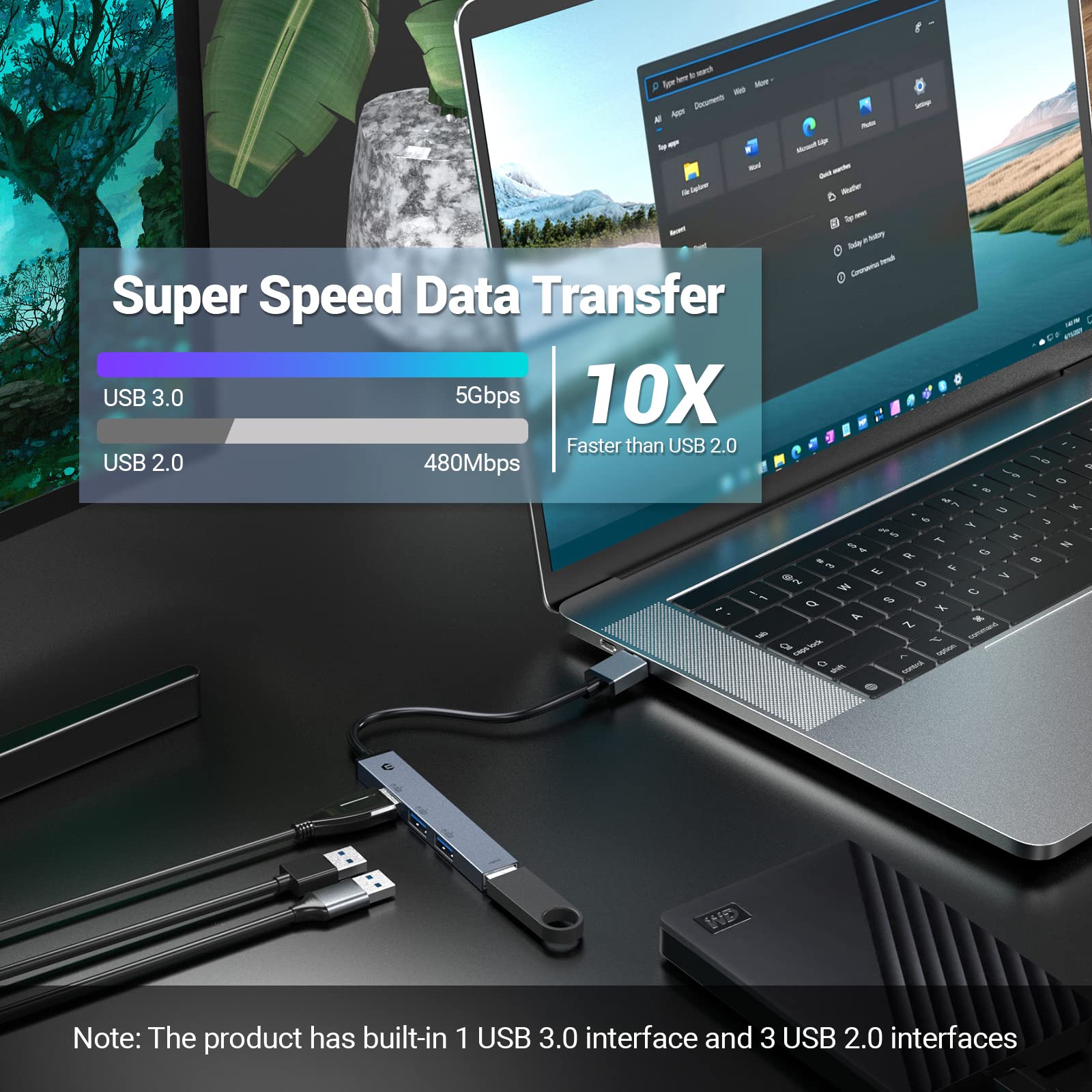 4 Port USB Hub, USB Hub Splitter with USB 3.0 Port and 3 x USB 2.0 Ports, Super Fast Ultra Thin Mini USB Adapter Compatible with Laptop, PC, Keyboard, Windows, Mac OS, Linux System