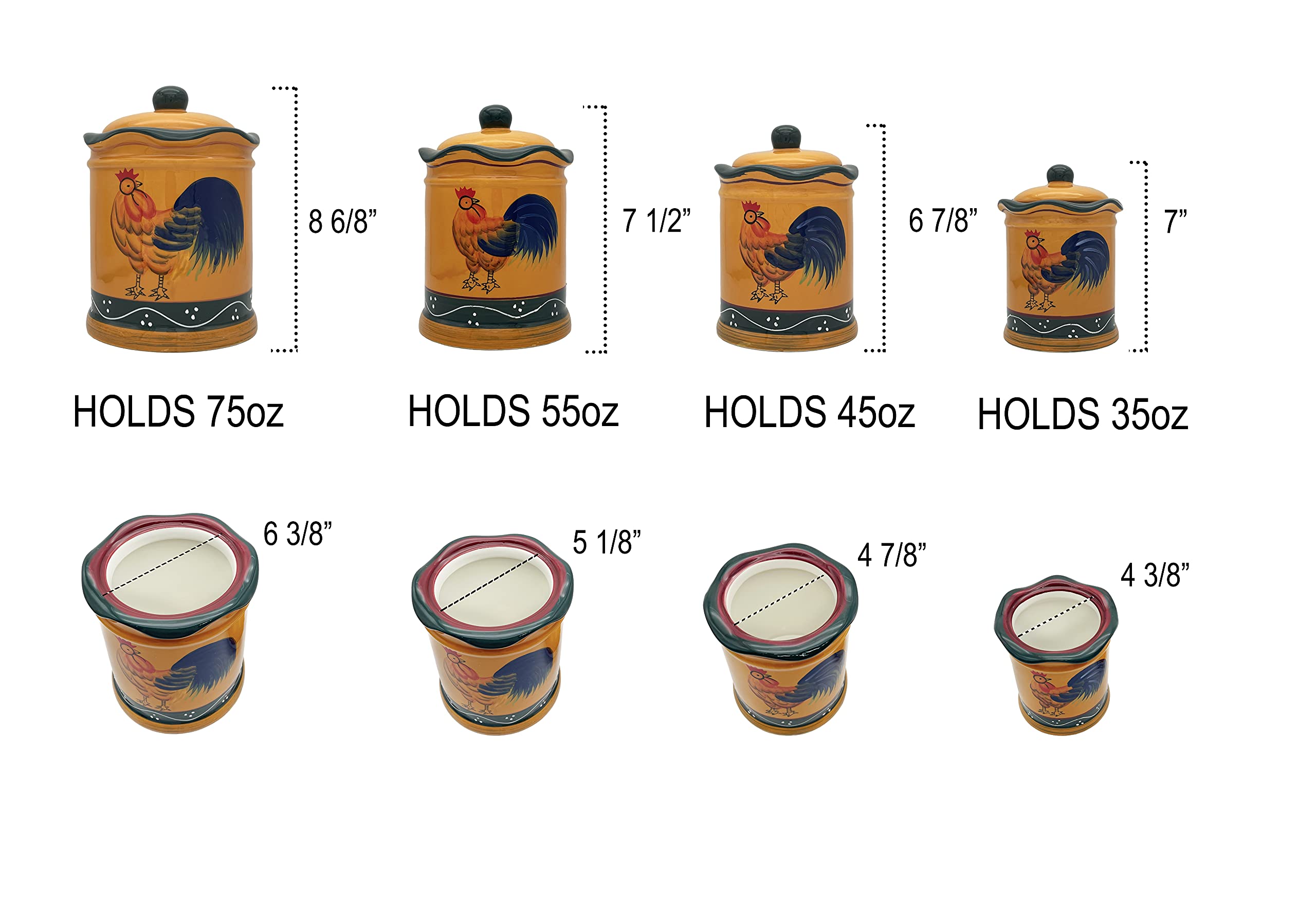 ACK Tuscany Sunshine Country Rooster, Hand Painted Canisters, Set of 4, 85701