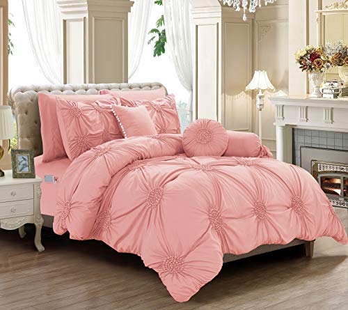 Luxurious, Softest, Coziest 10-PIECE Bed-in-a-Bag Sunflower Comforter Set, Silky Soft Complete Comforter Set Includes Bed Sheet Set with Double Sided Storage Pockets Featured, Full/Queen, Dusty Rose