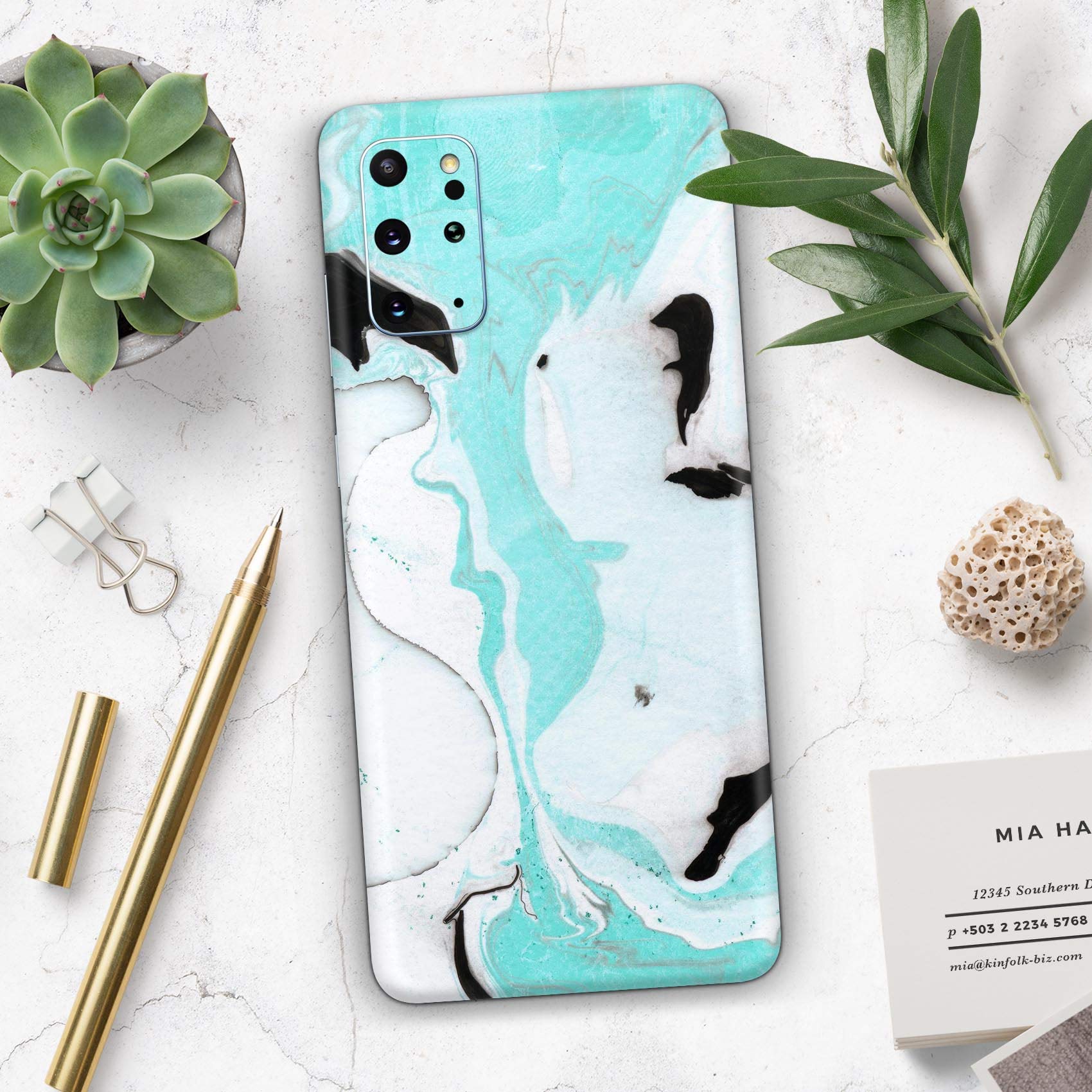 DesignSkinz Black and Teal Textured Marble Protective Vinyl Decal Wrap Skin Cover Compatible with The Samsung Galaxy S20 (Screen Trim & Back Glass Skin)