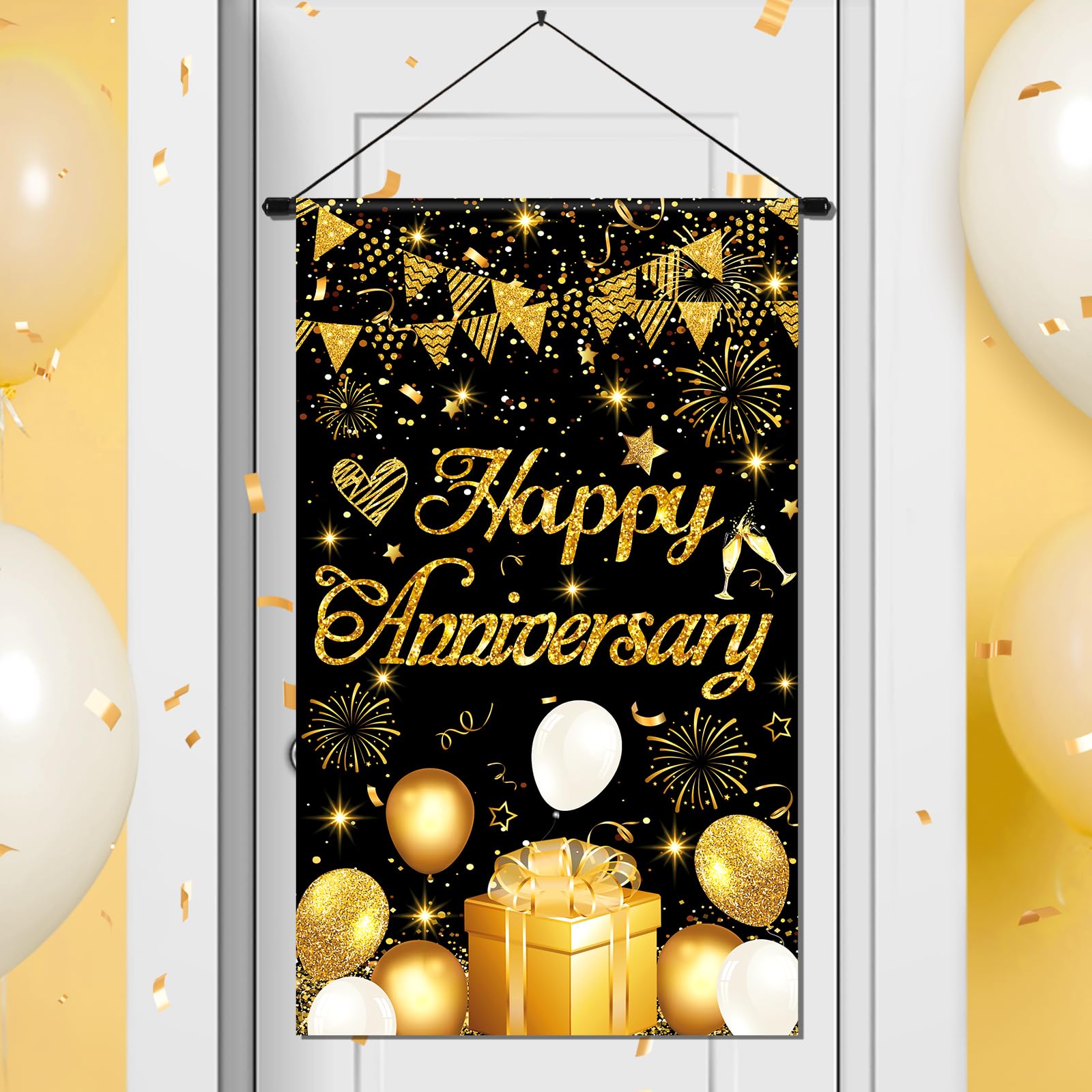 Anniversary Party Decorations Black Gold Happy Anniversary Door Banner Sign Small Wedding Anniversary Door Hanging Banner Porch Front Door Decor for Men Women Anniversary Cruise Door Sign Supplies