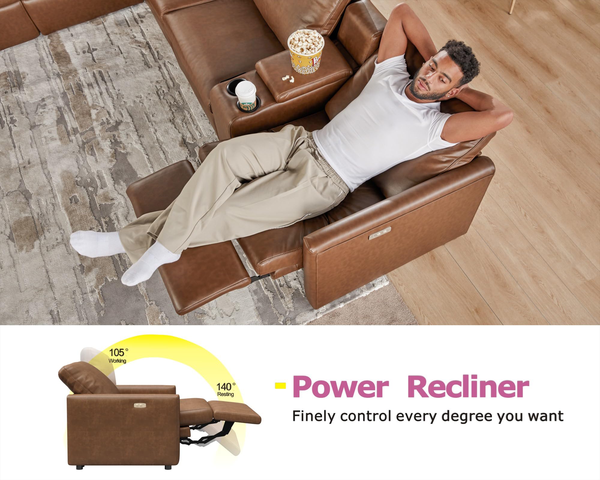 AMERLIFE Power Recliner, Reclining Sectional Sofa with Single Right Recliner, 3 Seater Recliner Couch with USB Port, Leather Modular Sofa for Living Room