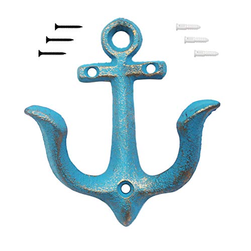 KiaoTime (Blue) Vintage Rustic Cast Iron Nautical Anchor Design Wall Hooks Coat Hooks Rack, Decorative Wall Mounted Antique Shabby Chic Metal Home Bathroom Towel Coat Hooks Hanger