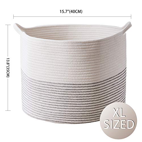 Cotton Rope Basket, 15.7 x 13.8inch Laundry Blanket Storage Basket with Easy-Carry Handles, Baby Nursery Bin for Home Décor and Organizing